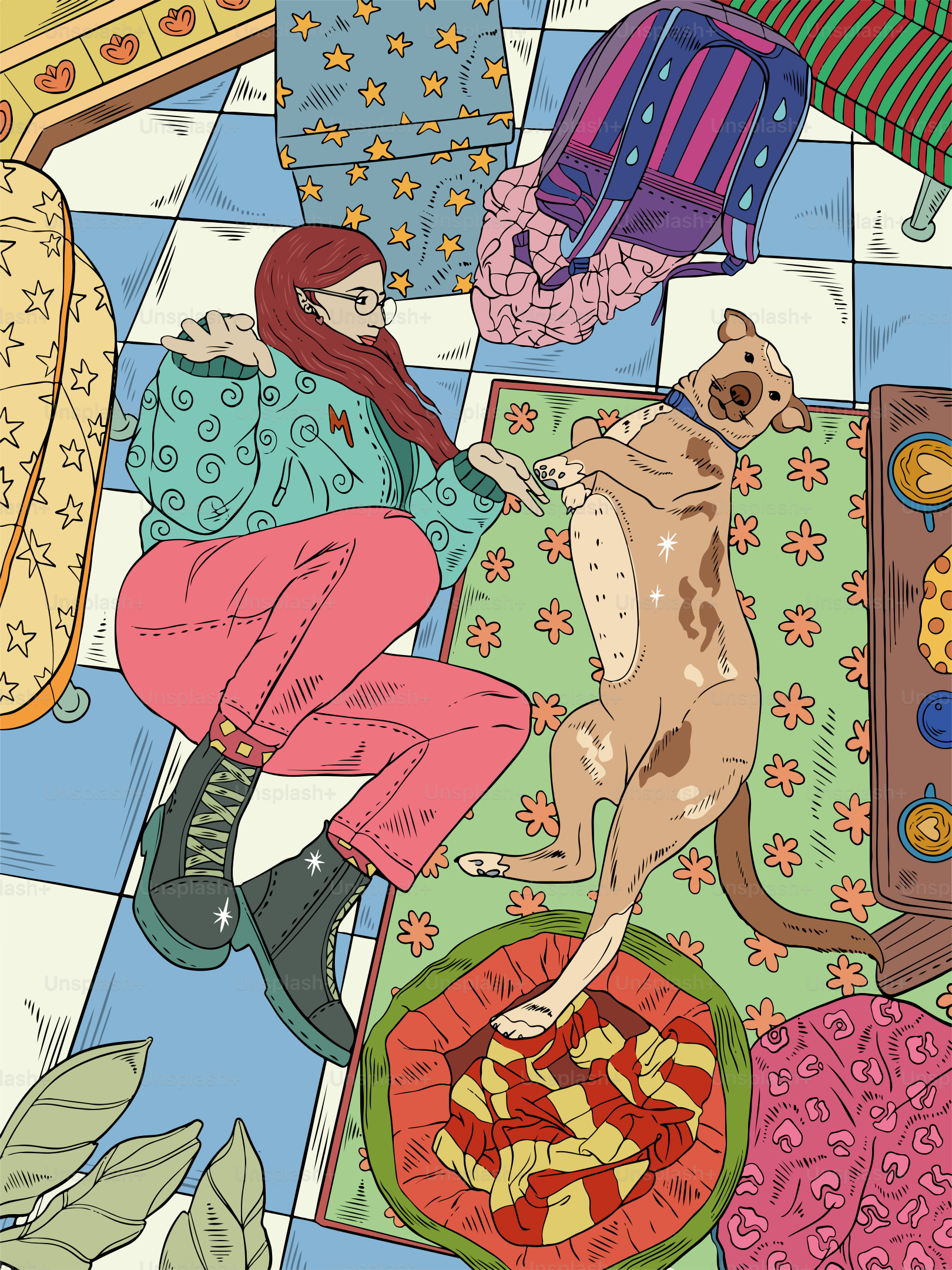 A painting of a person and a dog on a rug vector – Maximalism Image on ...
