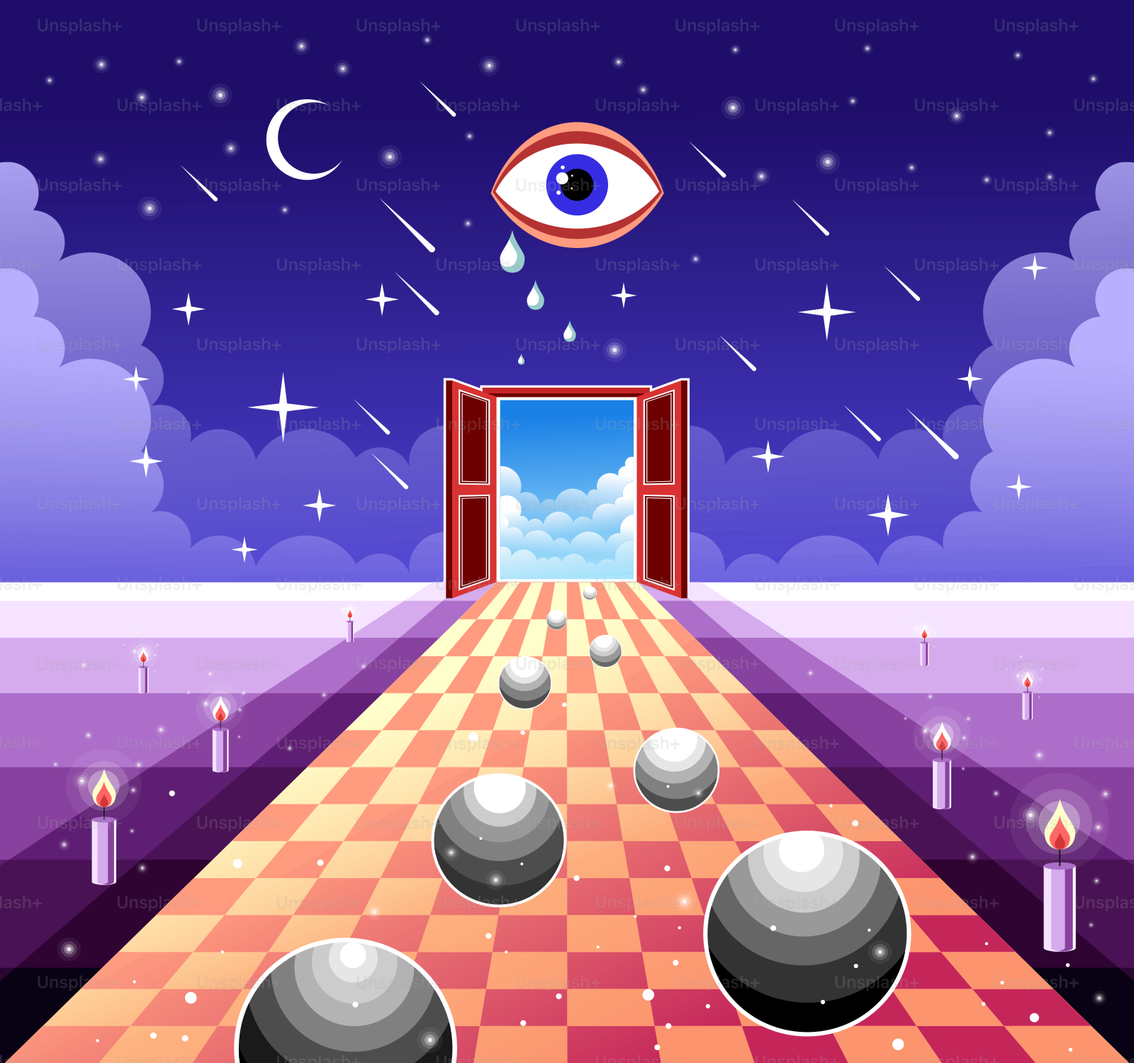 An image of a surreal scene with a door and a checkerboard floor vector ...