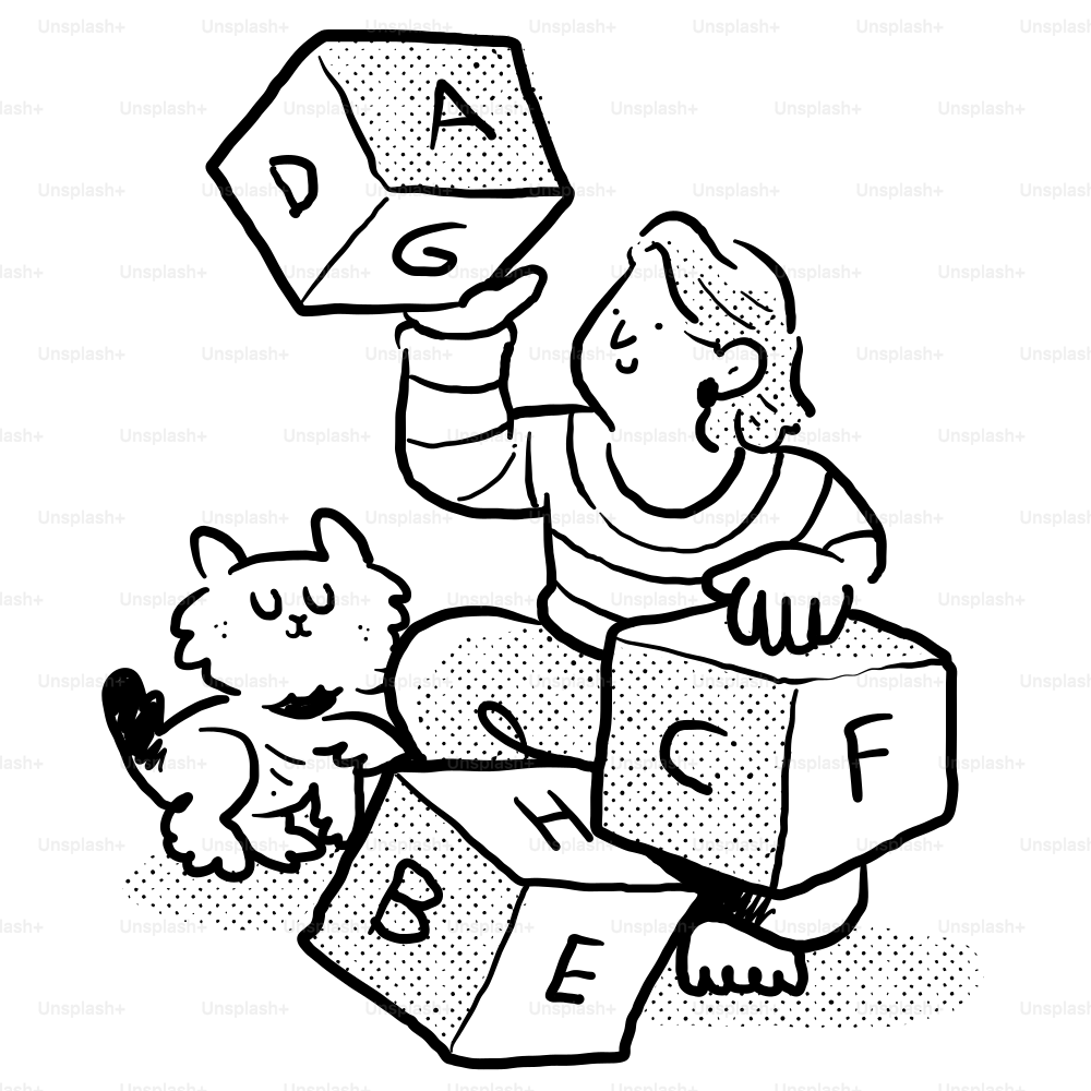 Vektor Gambar hitam putih seorang anak bermain dengan balok – Gambar ...