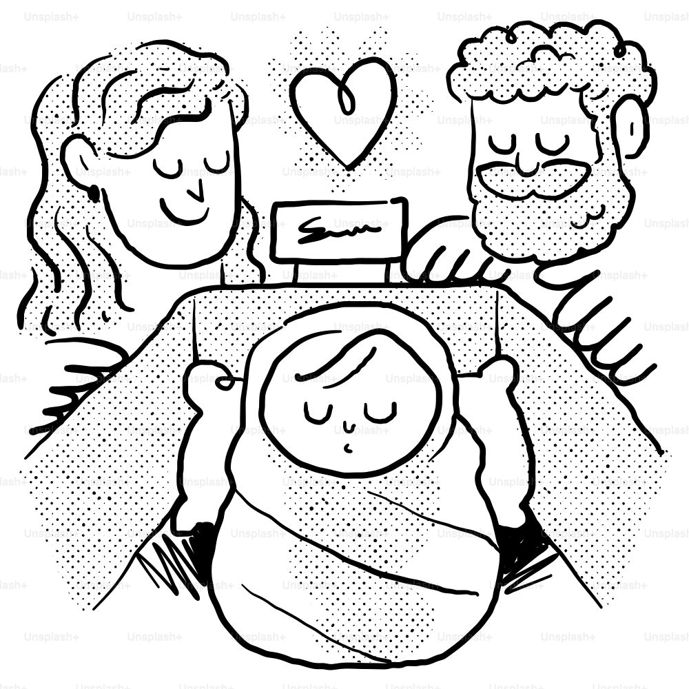 A black and white drawing of a baby being held by a man vector – Family ...