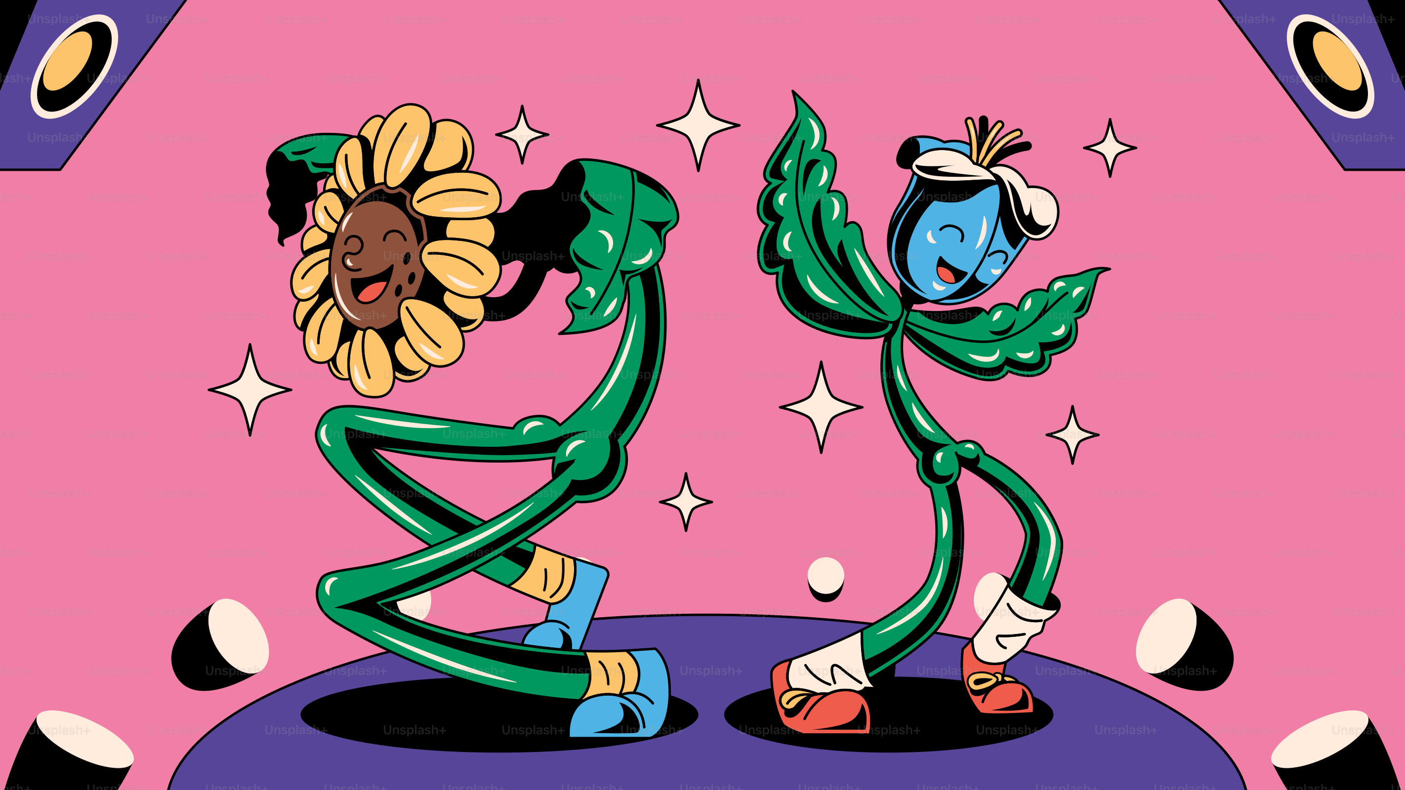 Un par de figuras de dibujos animados de pie encima de una mesa vector ...