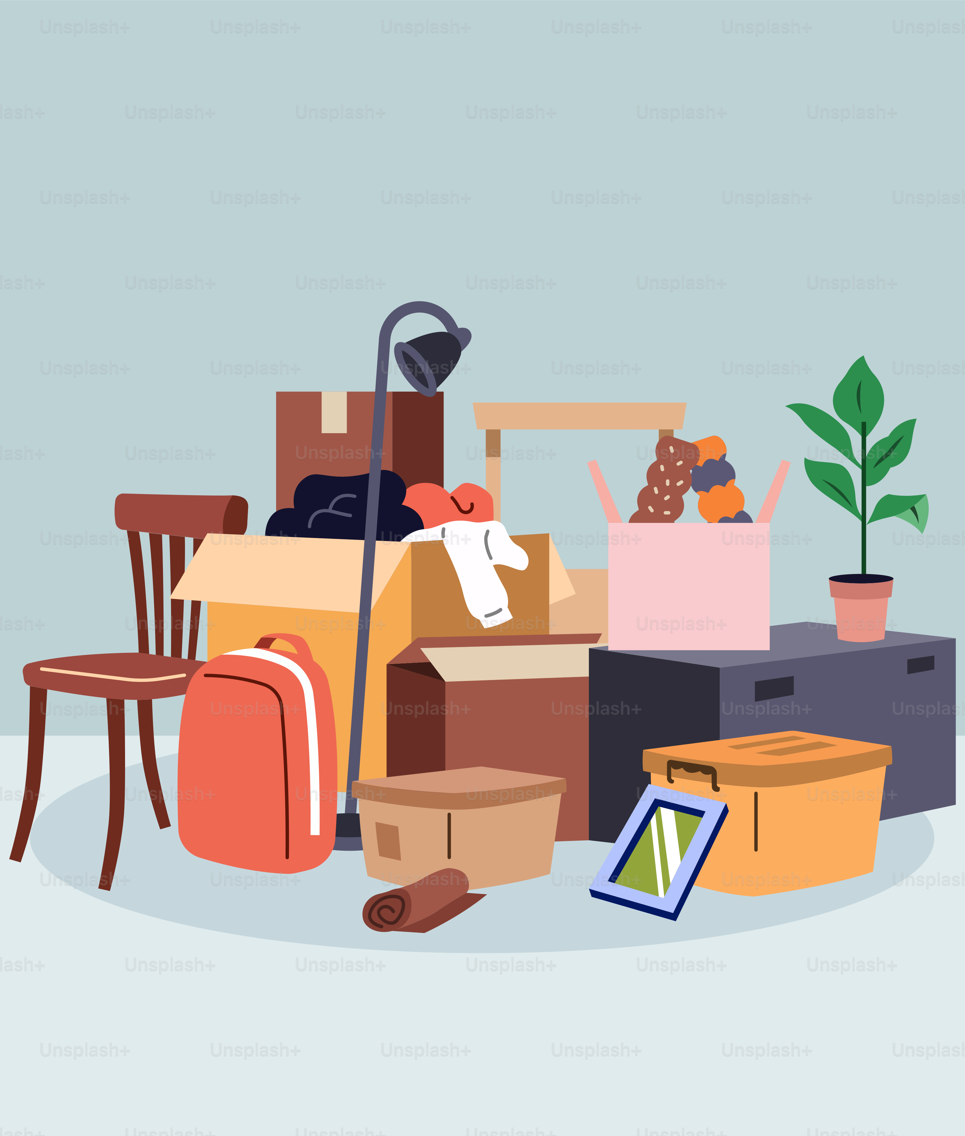 A pile of boxes, a chair and a potted plant vector – Illustration Image ...