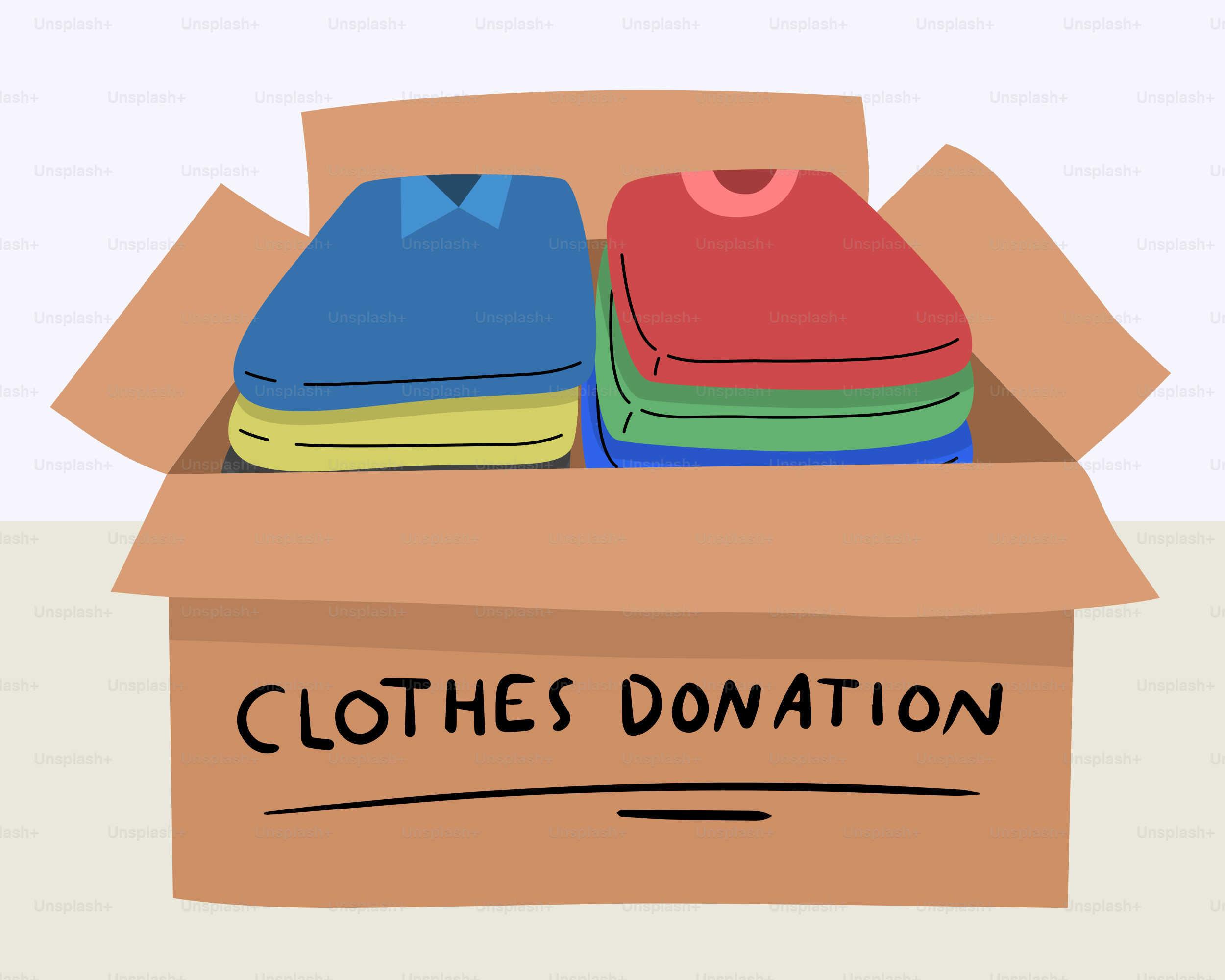 Una caja de cartón con ropa que dice donación de ropa vector – Imagen ...