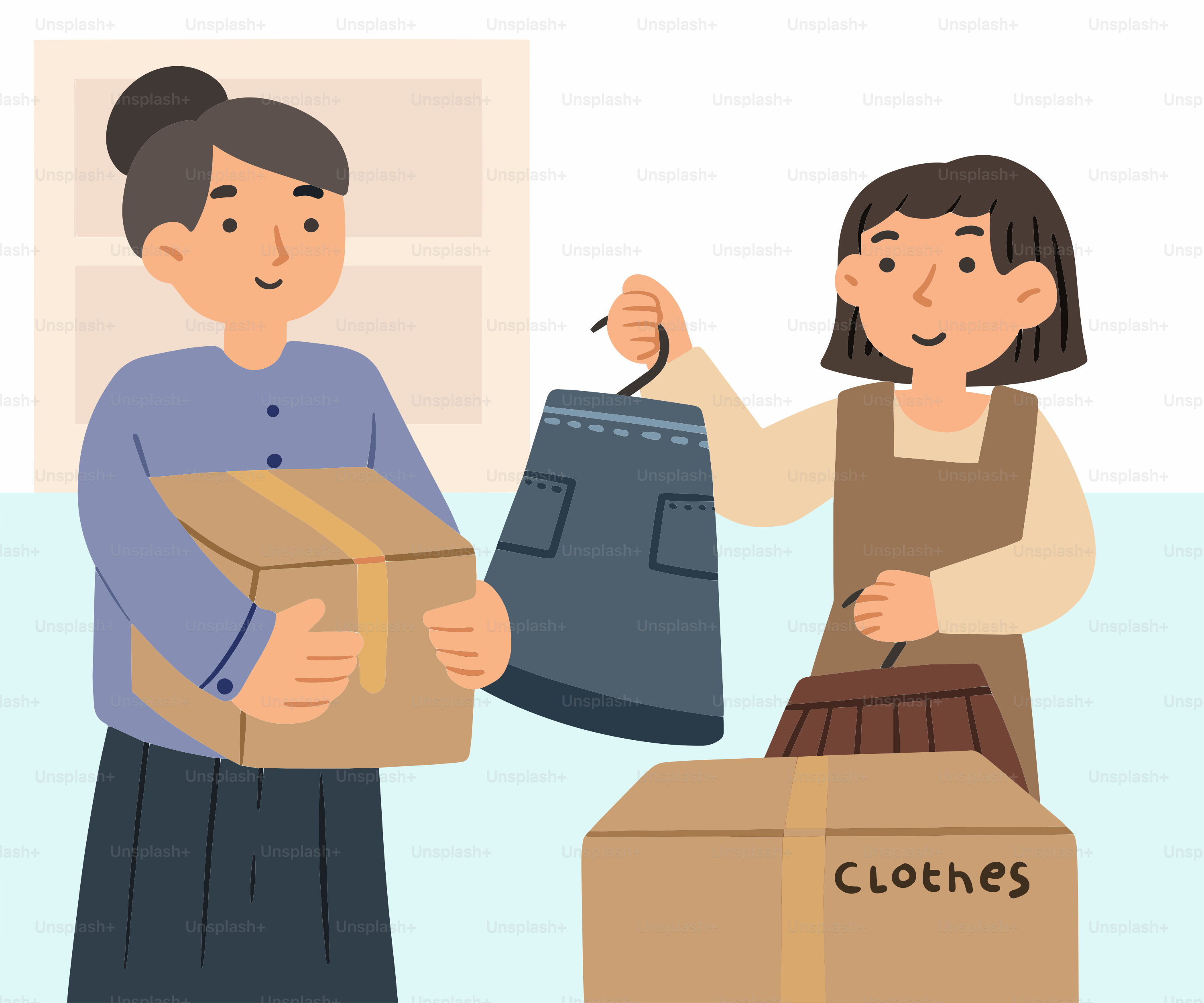 A man and a woman unpacking clothes from boxes vector – Donating Image ...