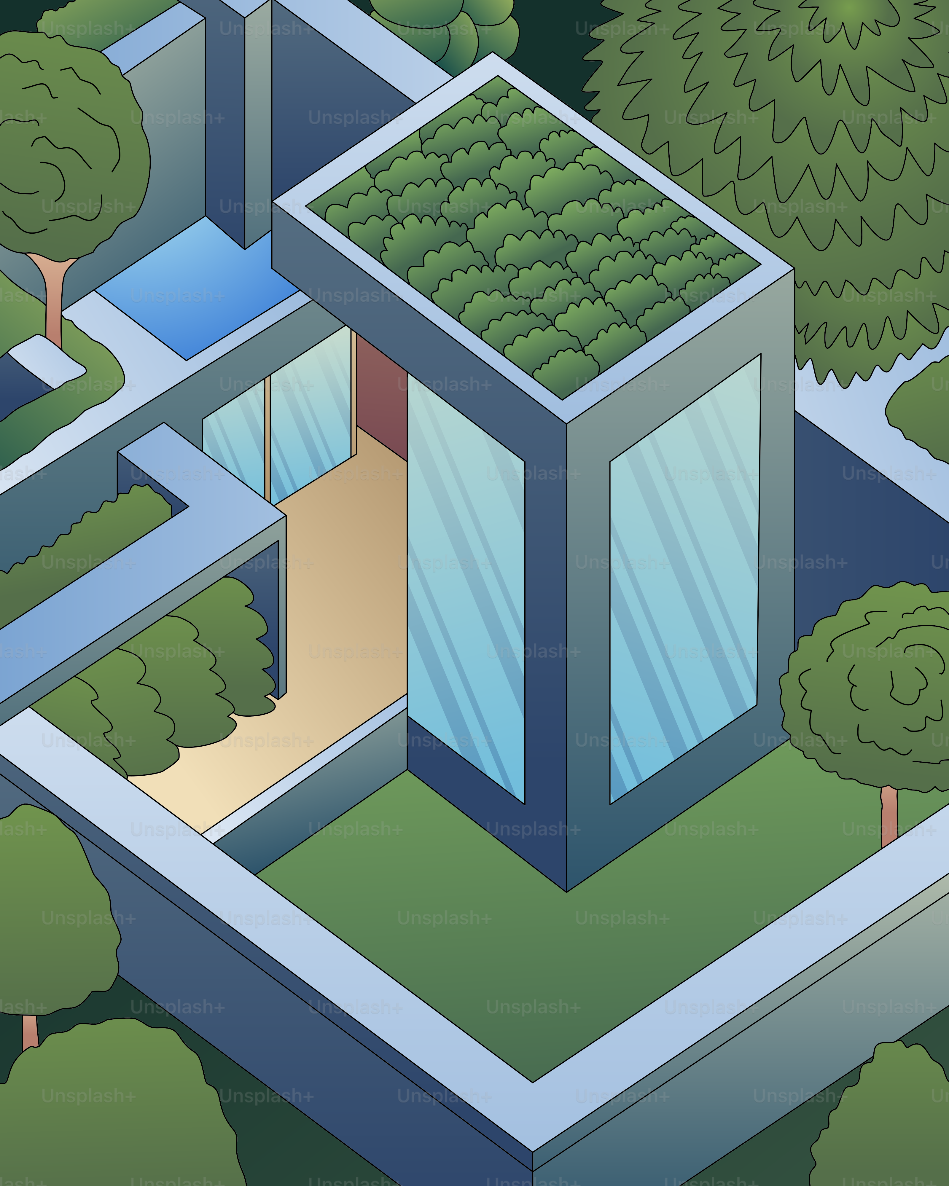 Vektor Sebuah rumah dengan atap hijau yang dikelilingi oleh pepohonan ...