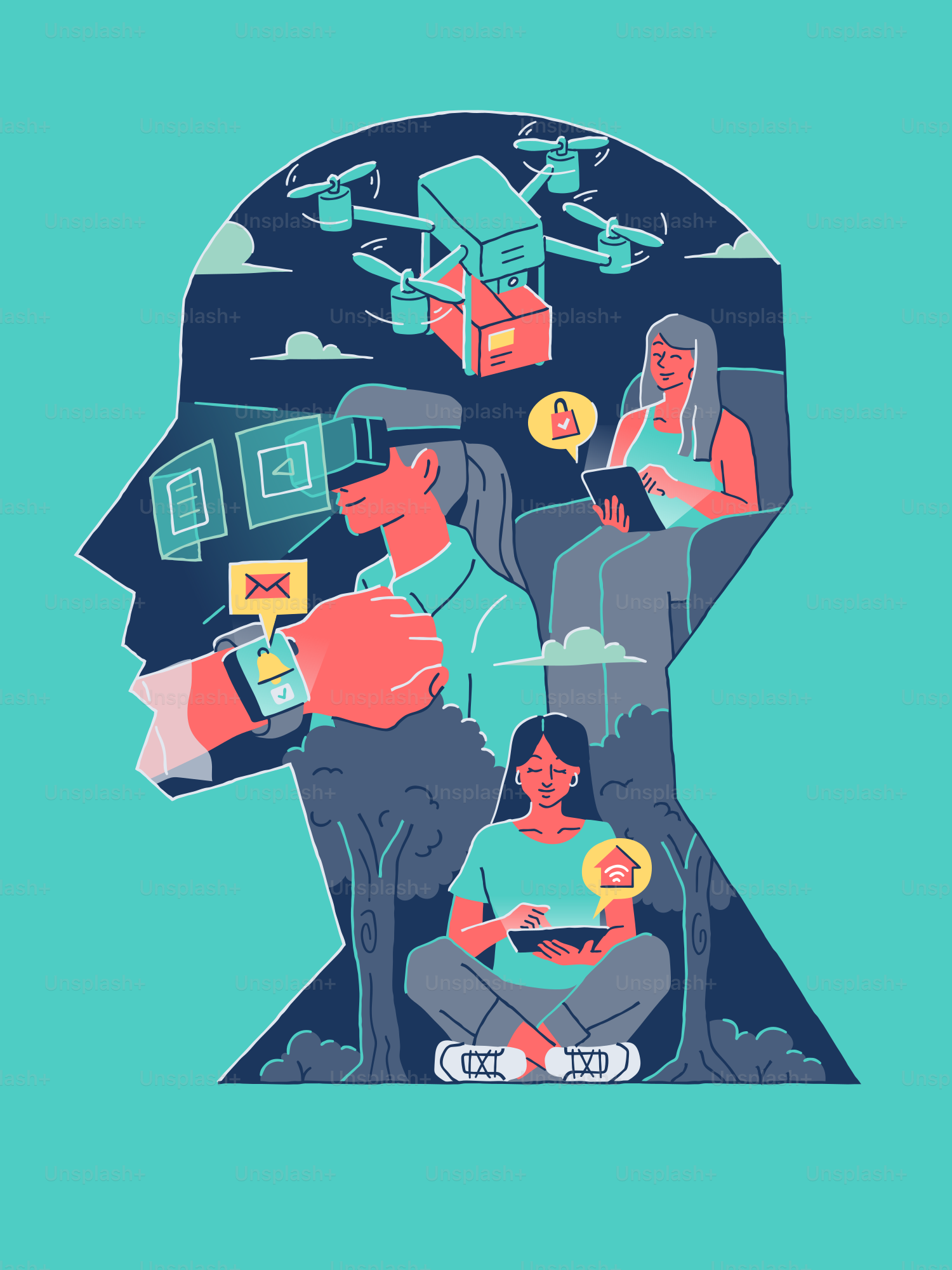 A person's head with a bunch of objects in it vector – User experience ...