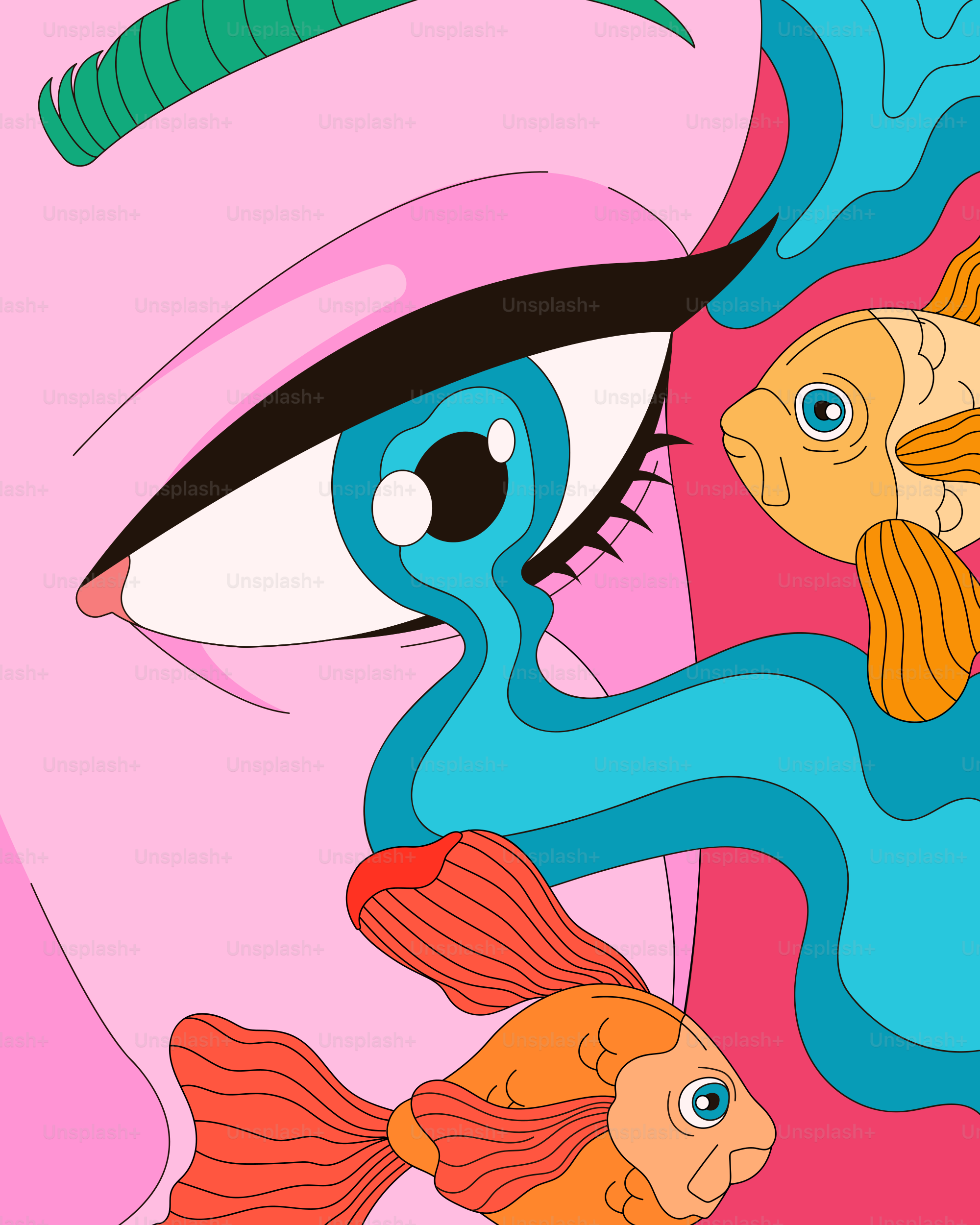 A painting of a woman's face with fish around her vector – Distorted ...