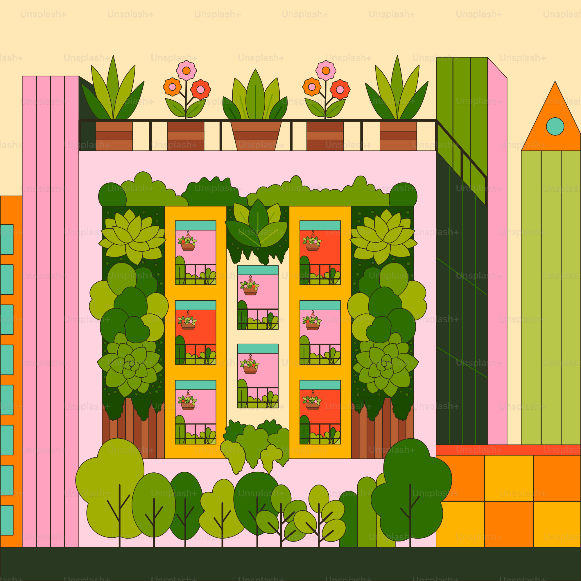 Un edificio con un sacco di finestre e alberi vettoriale – Immagine di ...