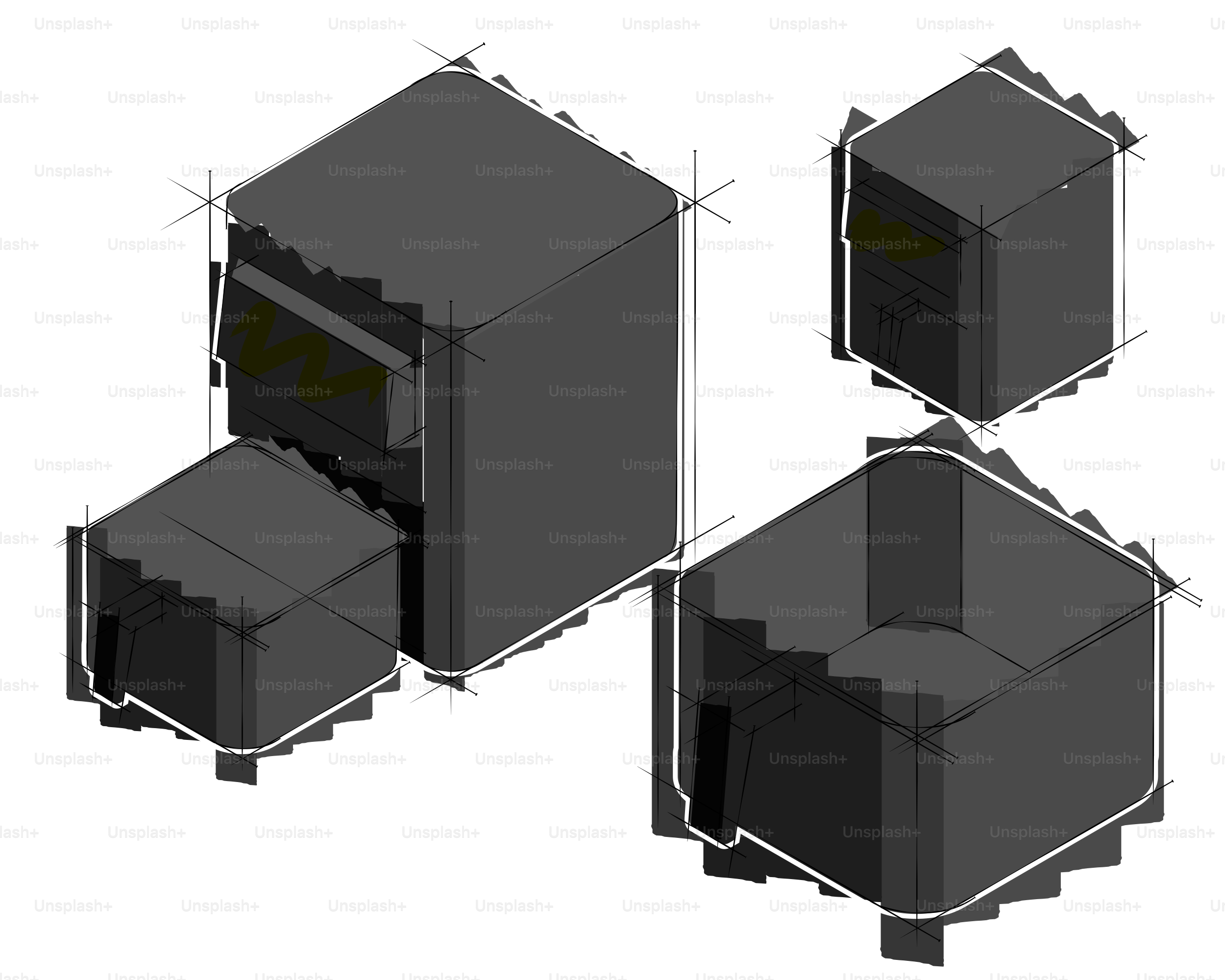 Un conjunto de tres cajas negras con fondo blanco vector – Imagen de ...