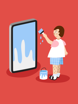 Vektor Seorang wanita sedang mengecat dinding dengan cat biru – Gambar ...