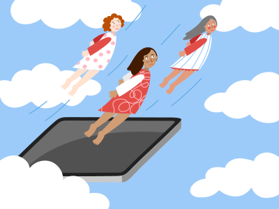 A group of girls flying through the air on top of a book vector ...