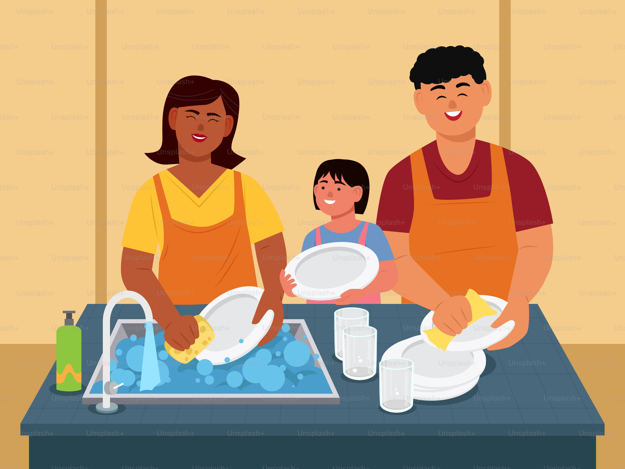 A family washing dishes in the kitchen vector – Wash the dishes Image ...