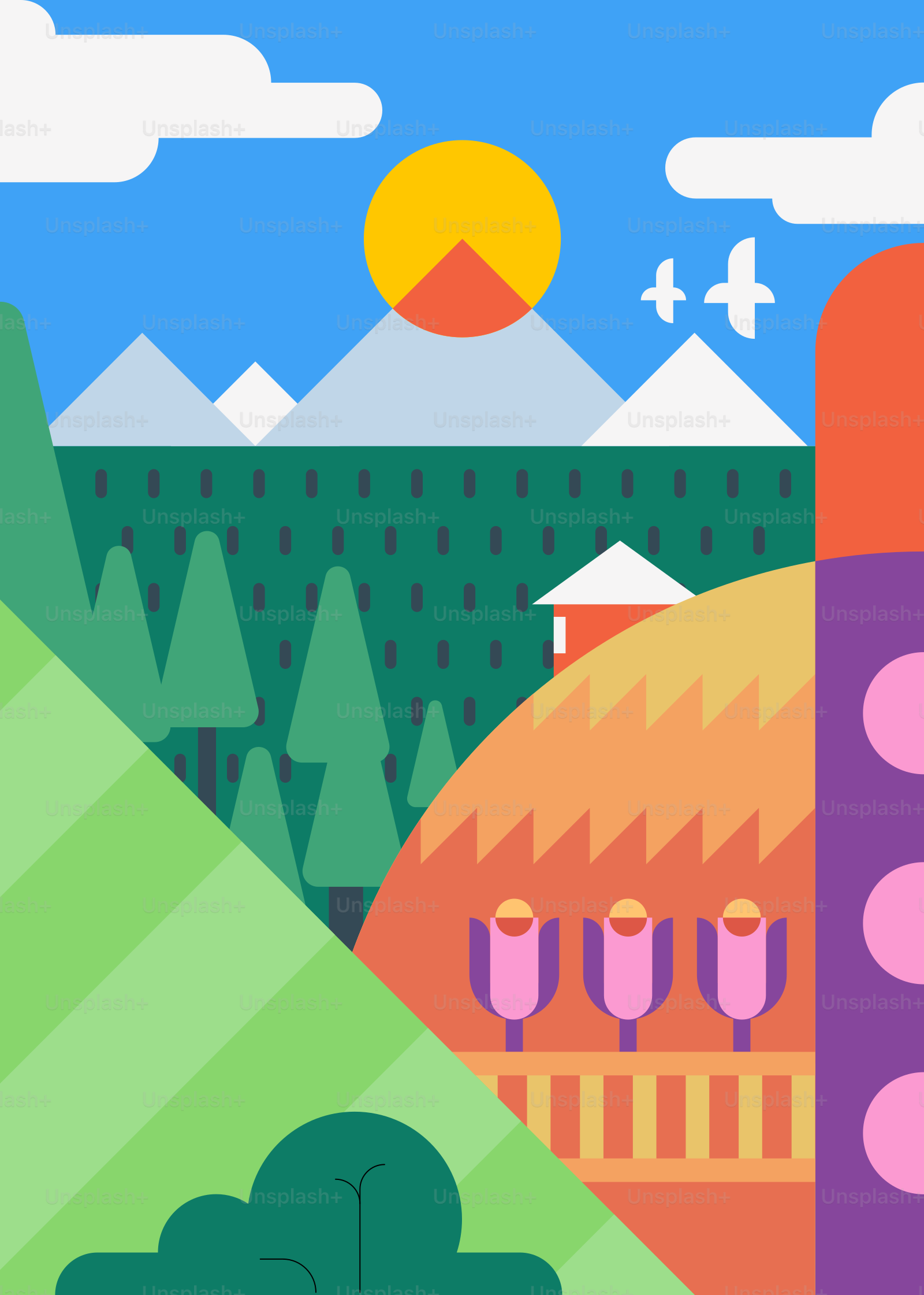 A colorful illustration of a building with trees and mountains in the ...