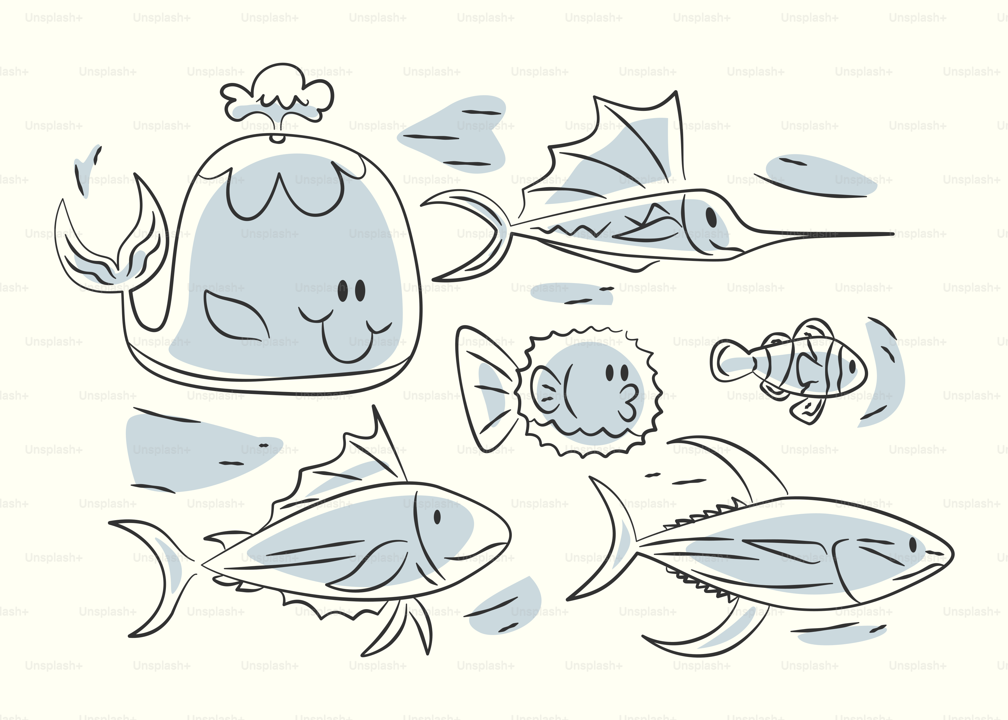A drawing of a group of fish swimming in the ocean vector – Doodle ...