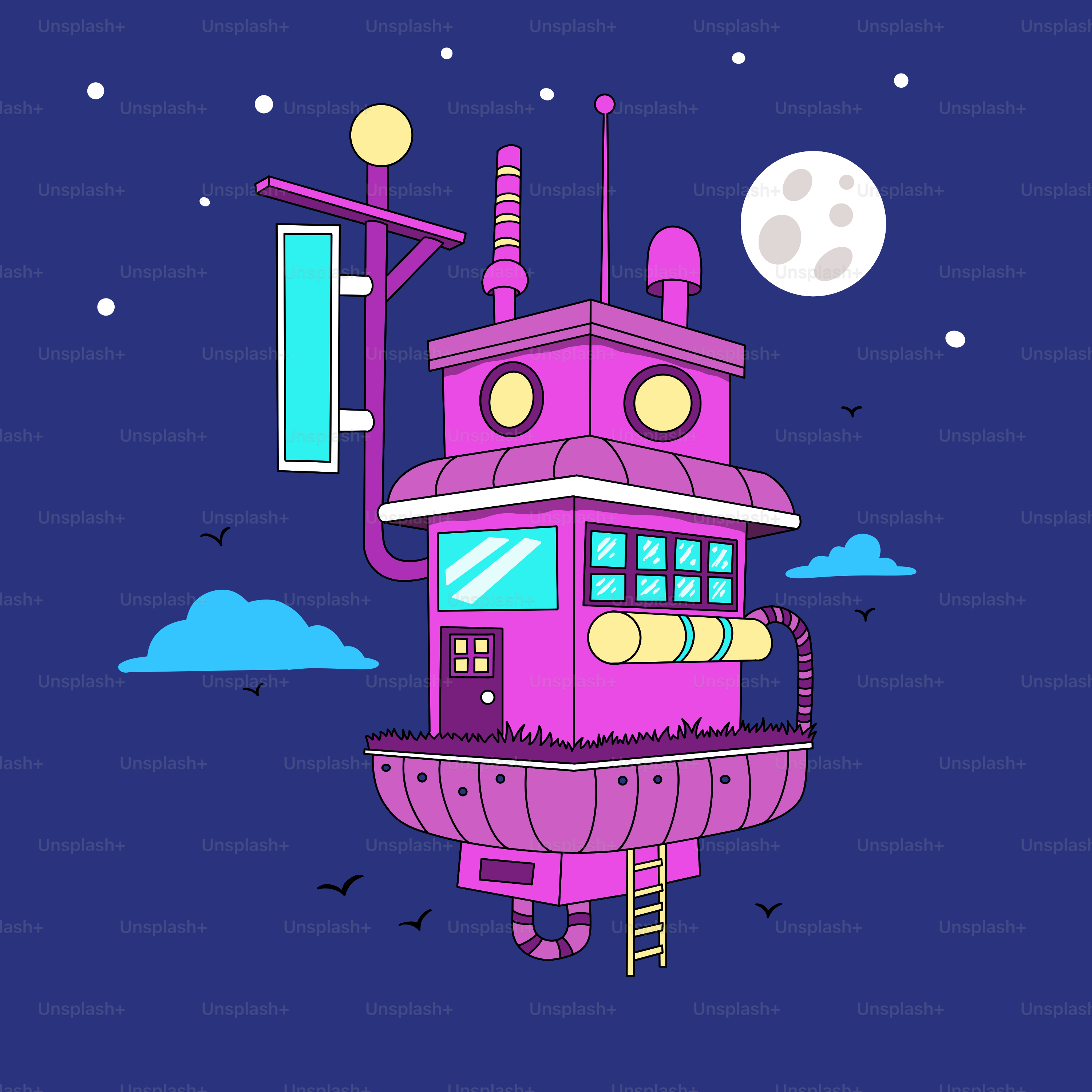 Vektor Robot merah muda mengambang di langit dengan tangga – Gambar ...