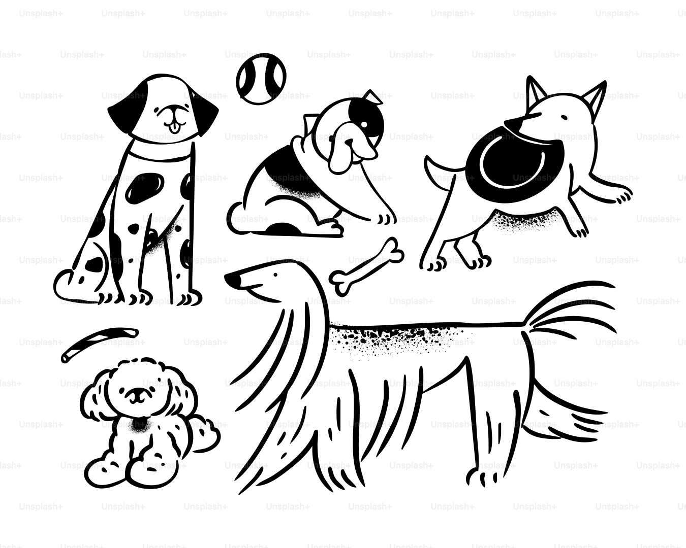 Un disegno in bianco e nero di cani che giocano con una palla ...