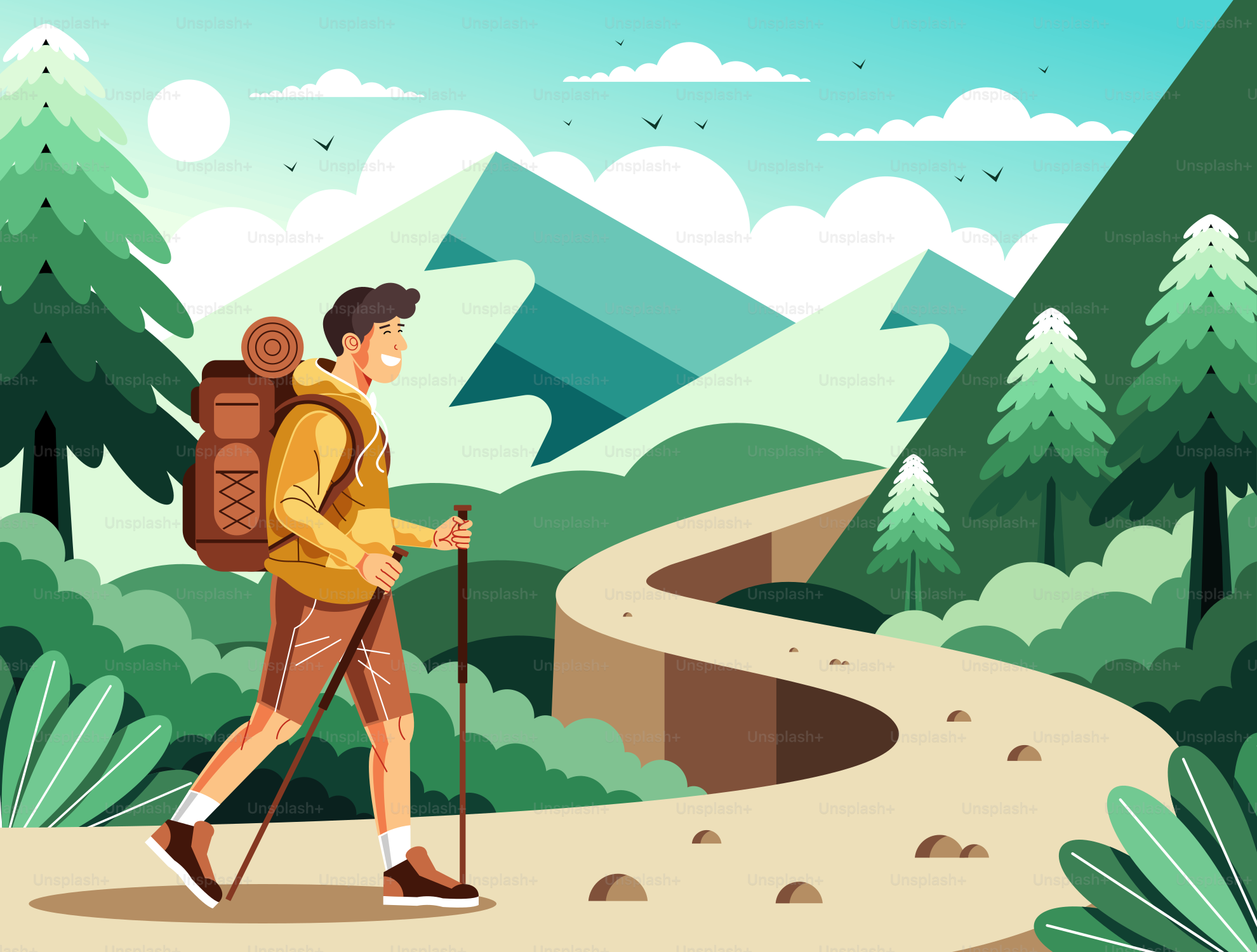 Vektor Seorang pria dengan ransel sedang mendaki di pegunungan – Gambar ...