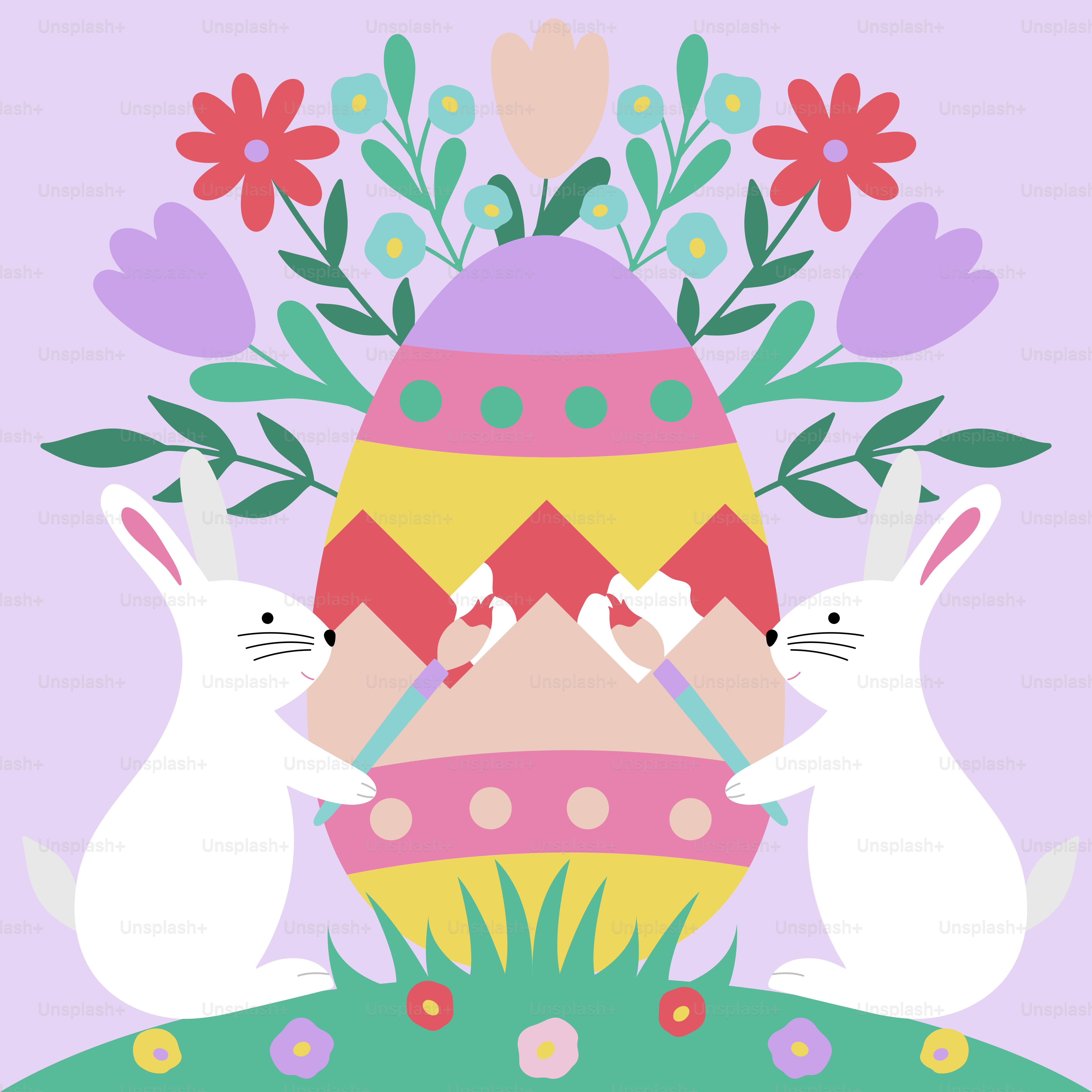 Two white rabbits sitting in front of a decorated easter egg vector ...