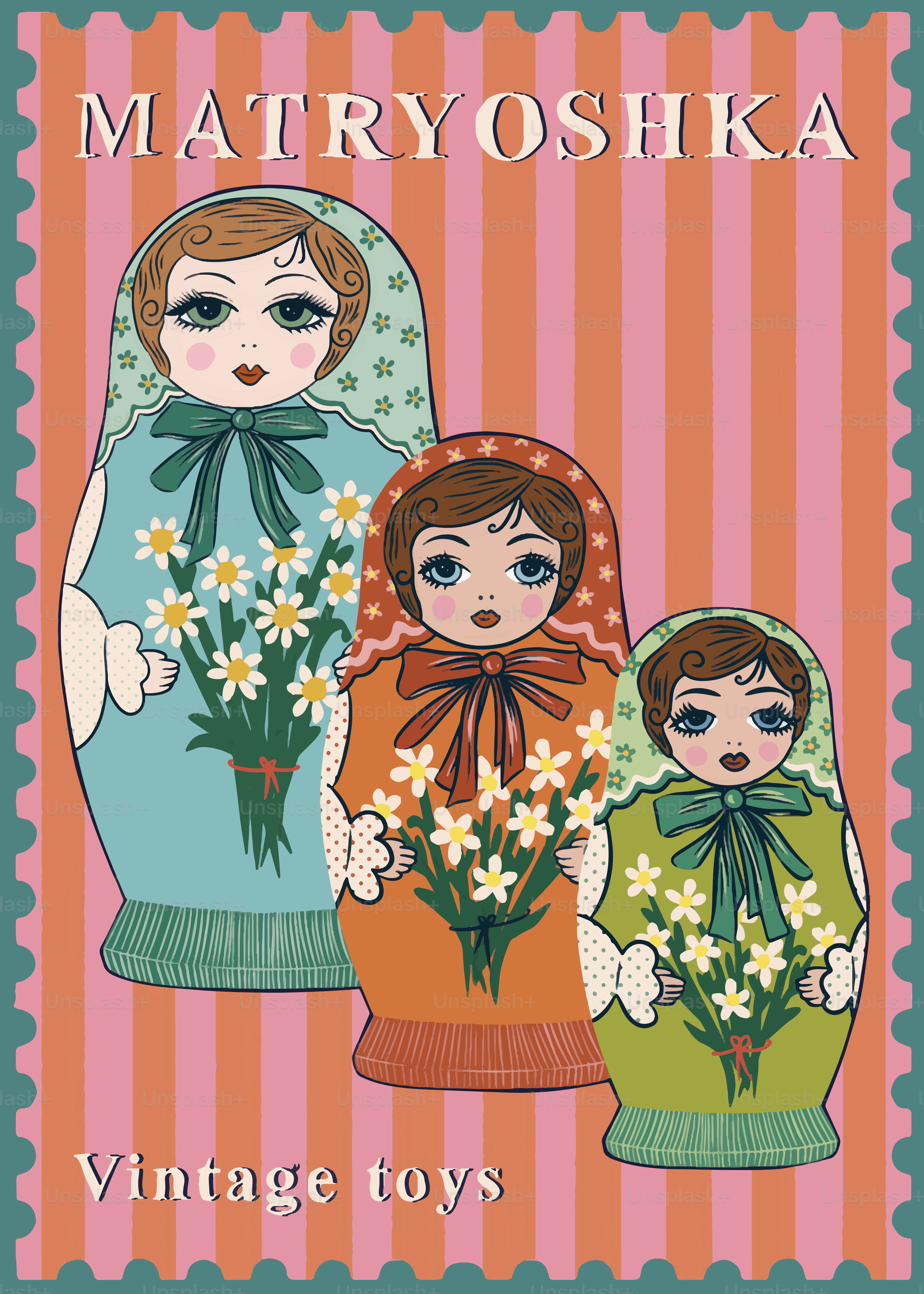 A picture of three dolls with flowers in their hands vector – Art Image ...