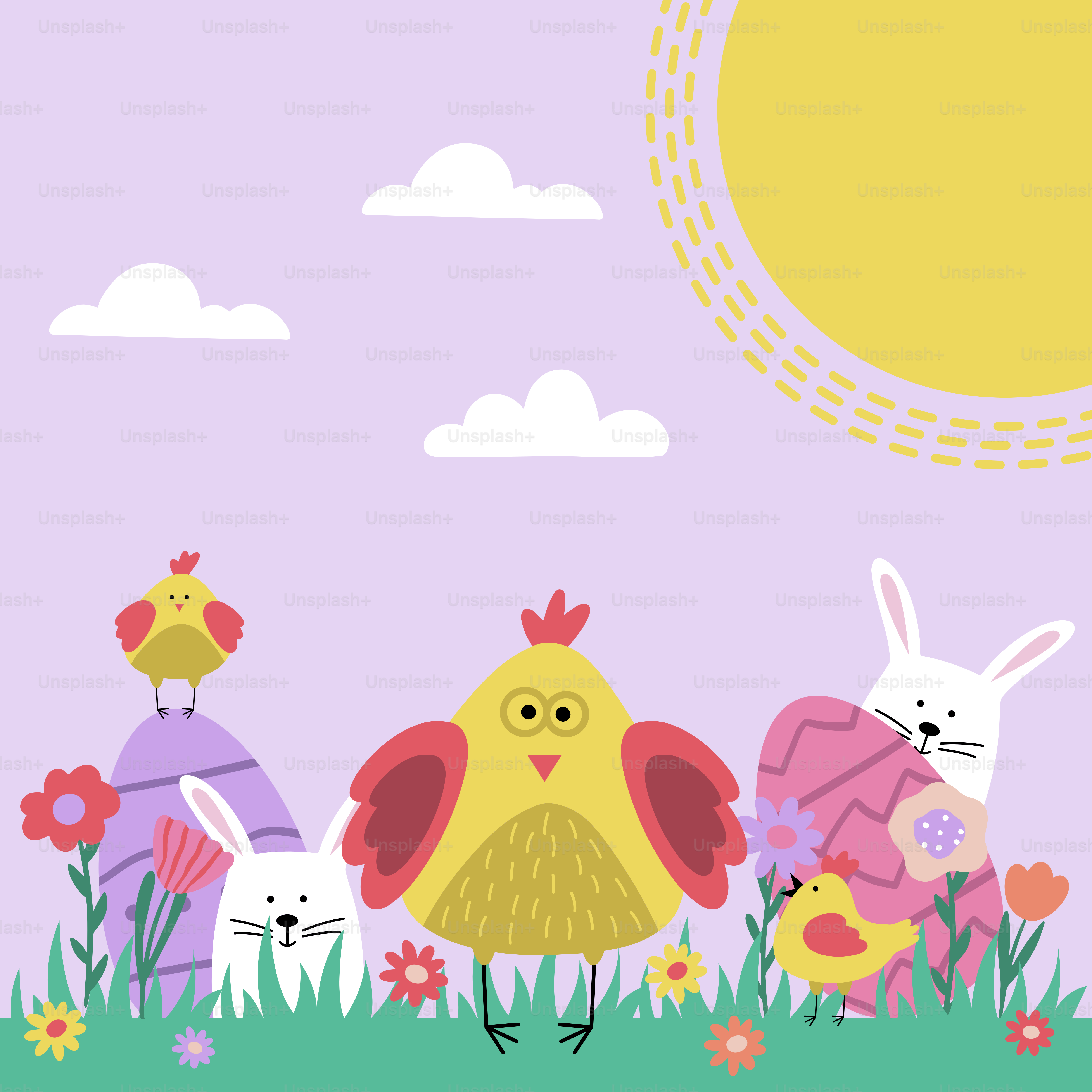 Vektor Sekelompok kelinci dan ayam berdiri di rerumputan – Gambar Bunga ...