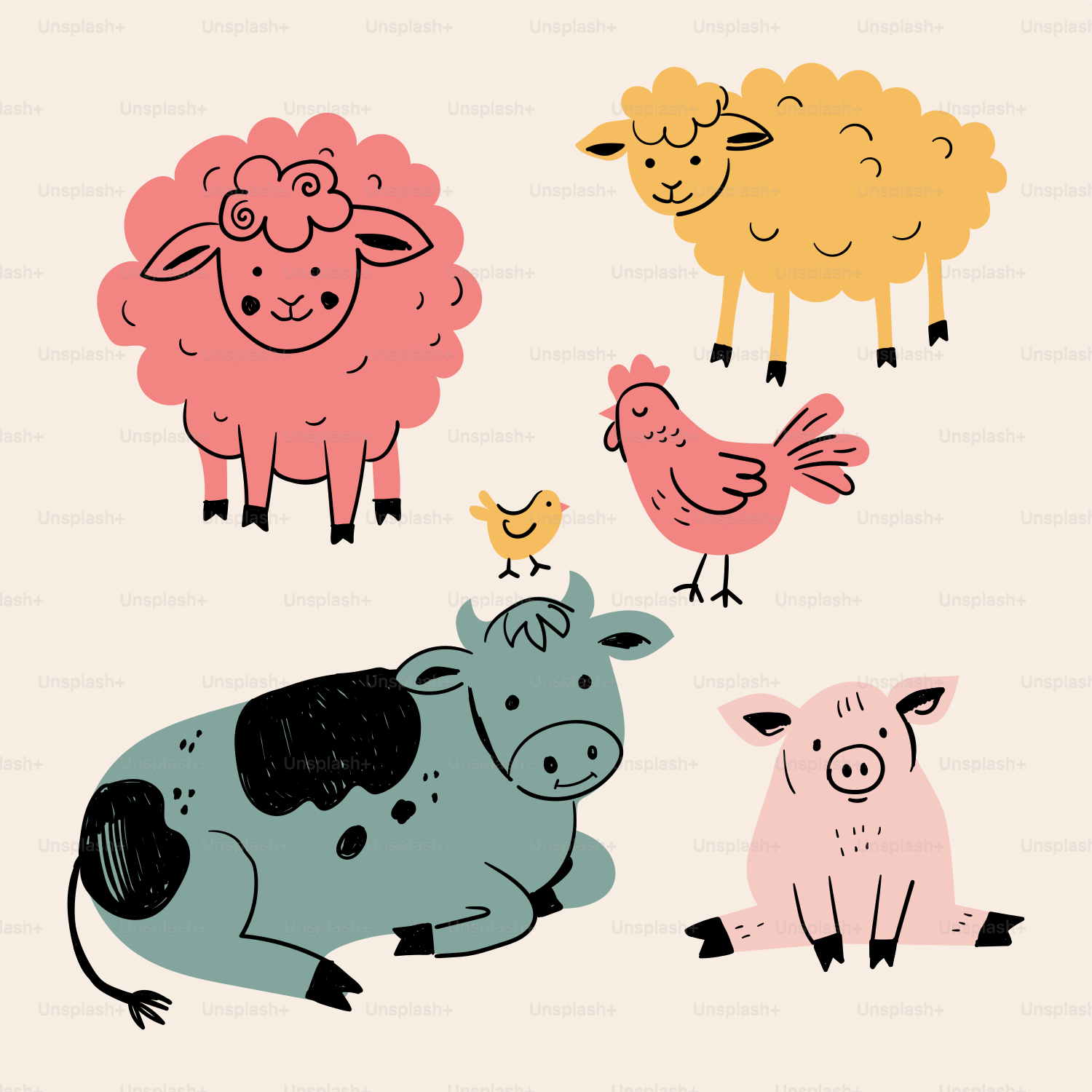 A pig, a pig, a chicken and a pig on a white background vector – Vector ...