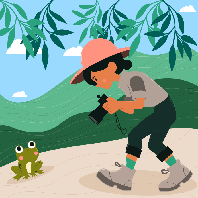 A person with a hat and a camera in front of a frog vector ...