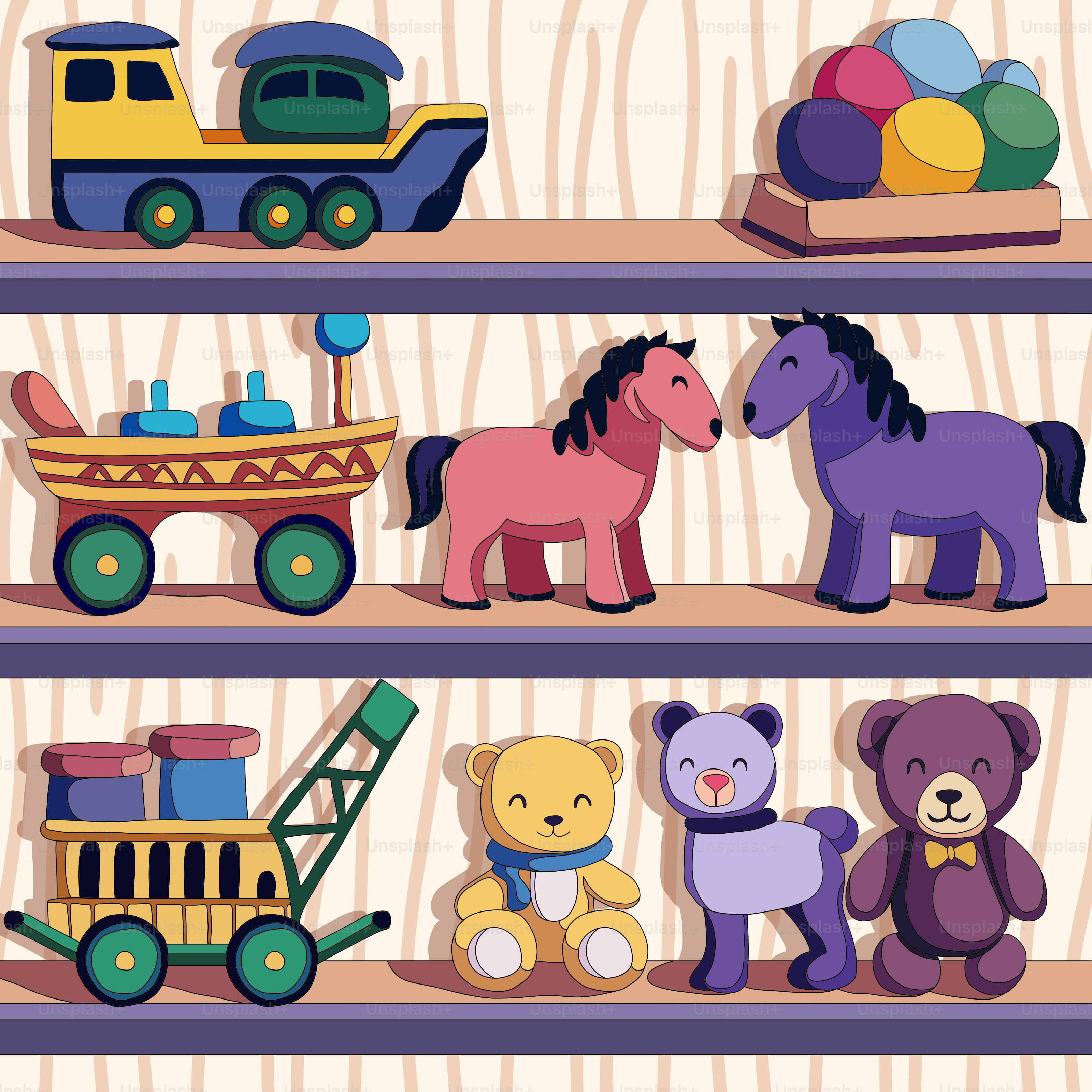 A shelf filled with lots of different types of toys vector – Horse ...