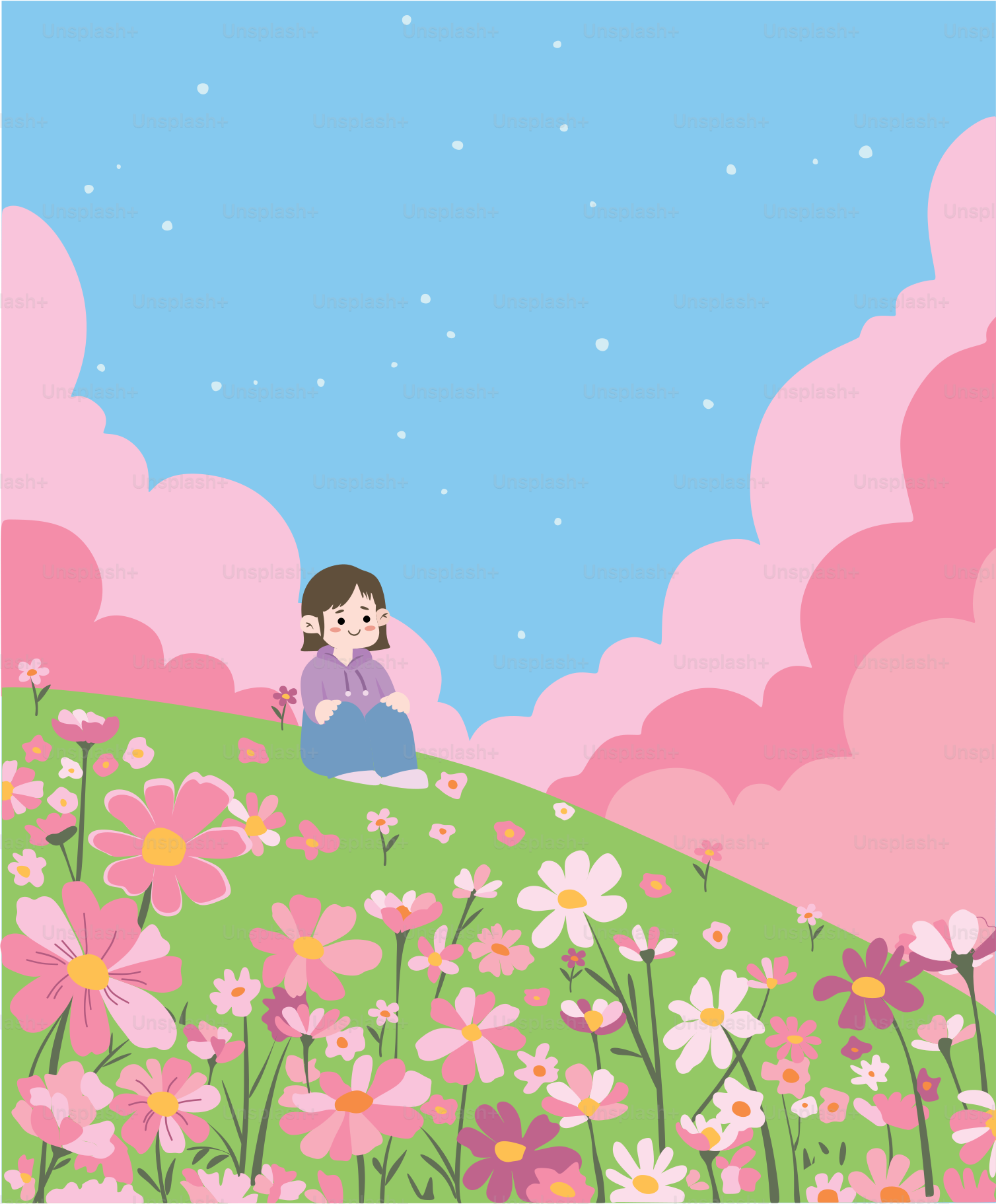 Vektor Seorang gadis duduk di atas bukit yang dikelilingi oleh bunga ...