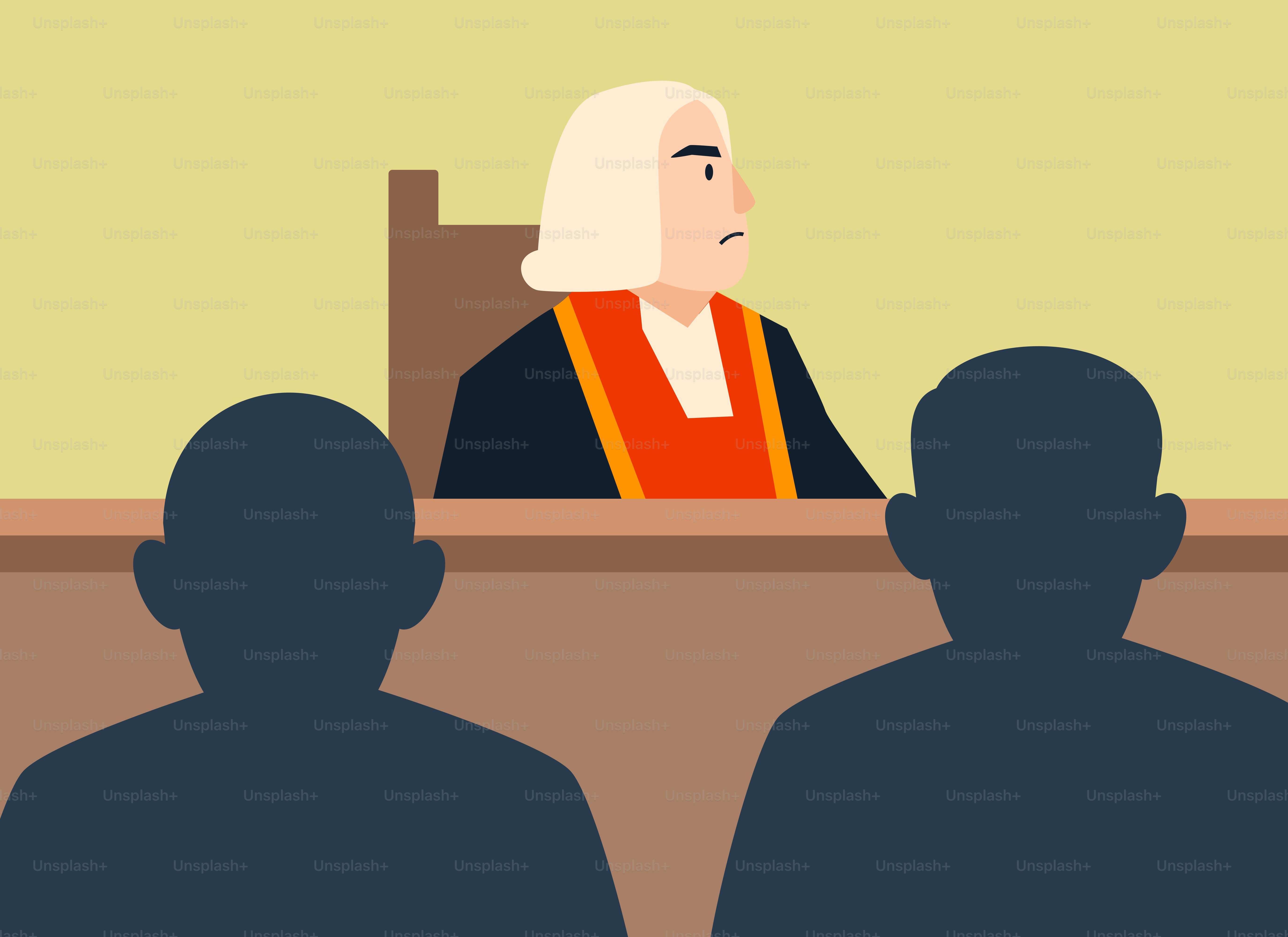 A courtroom scene with a judge and two people vector – Illustration ...
