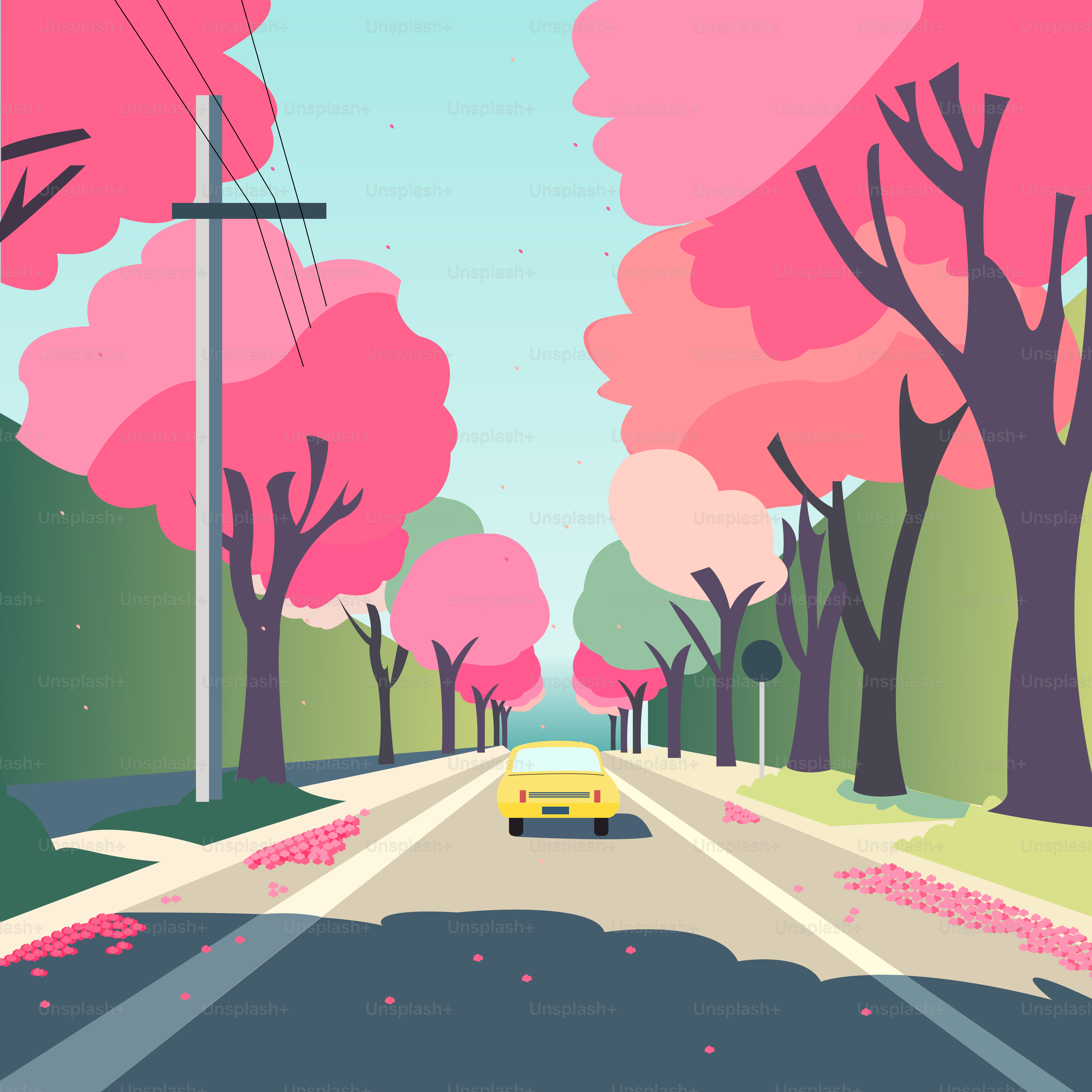 A yellow car driving down a tree lined road vector – Spring Image on ...