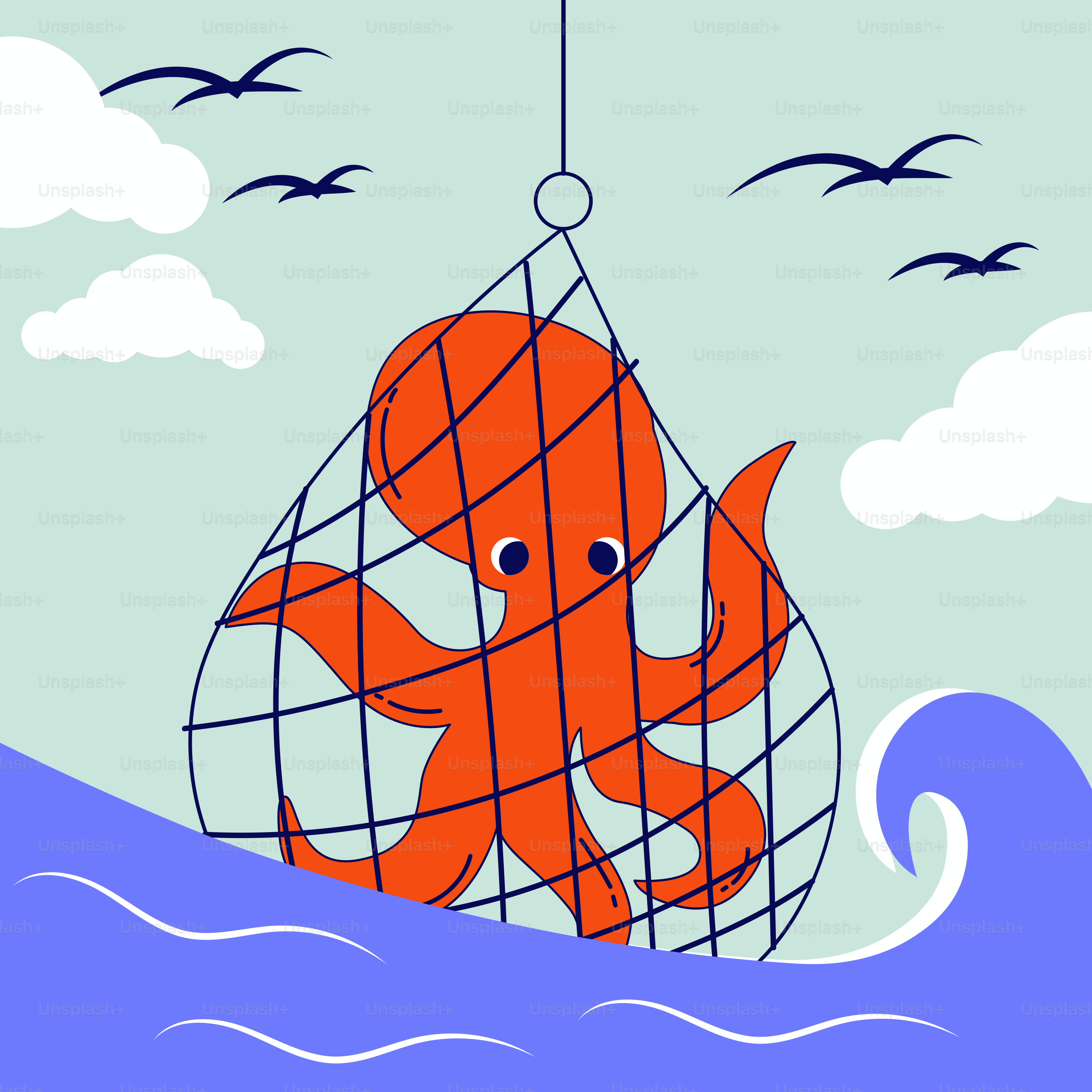 An orange octopus in a cage floating in the ocean vector – Sea Image on ...