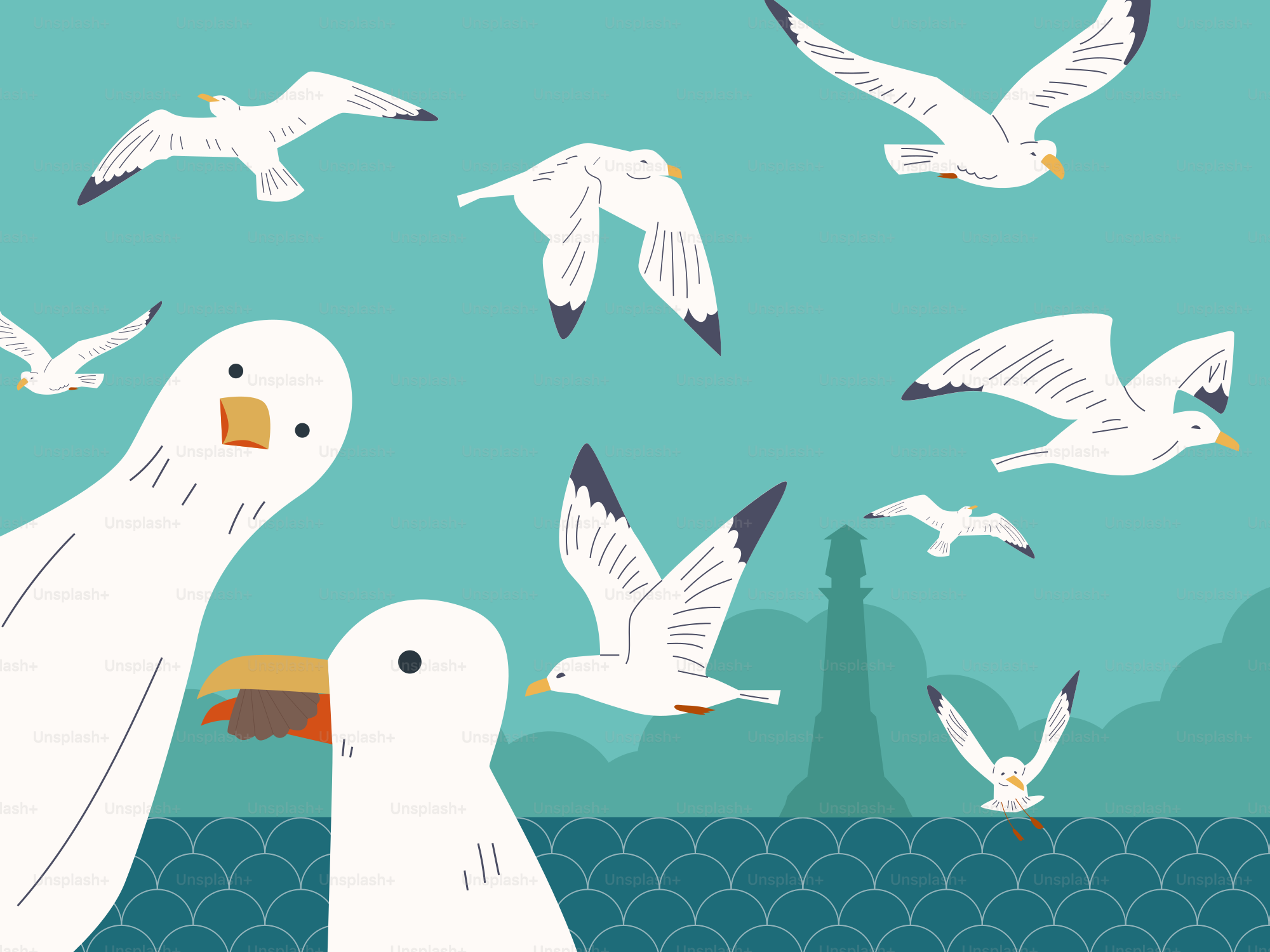 A flock of birds flying over a body of water vector – Background Image ...