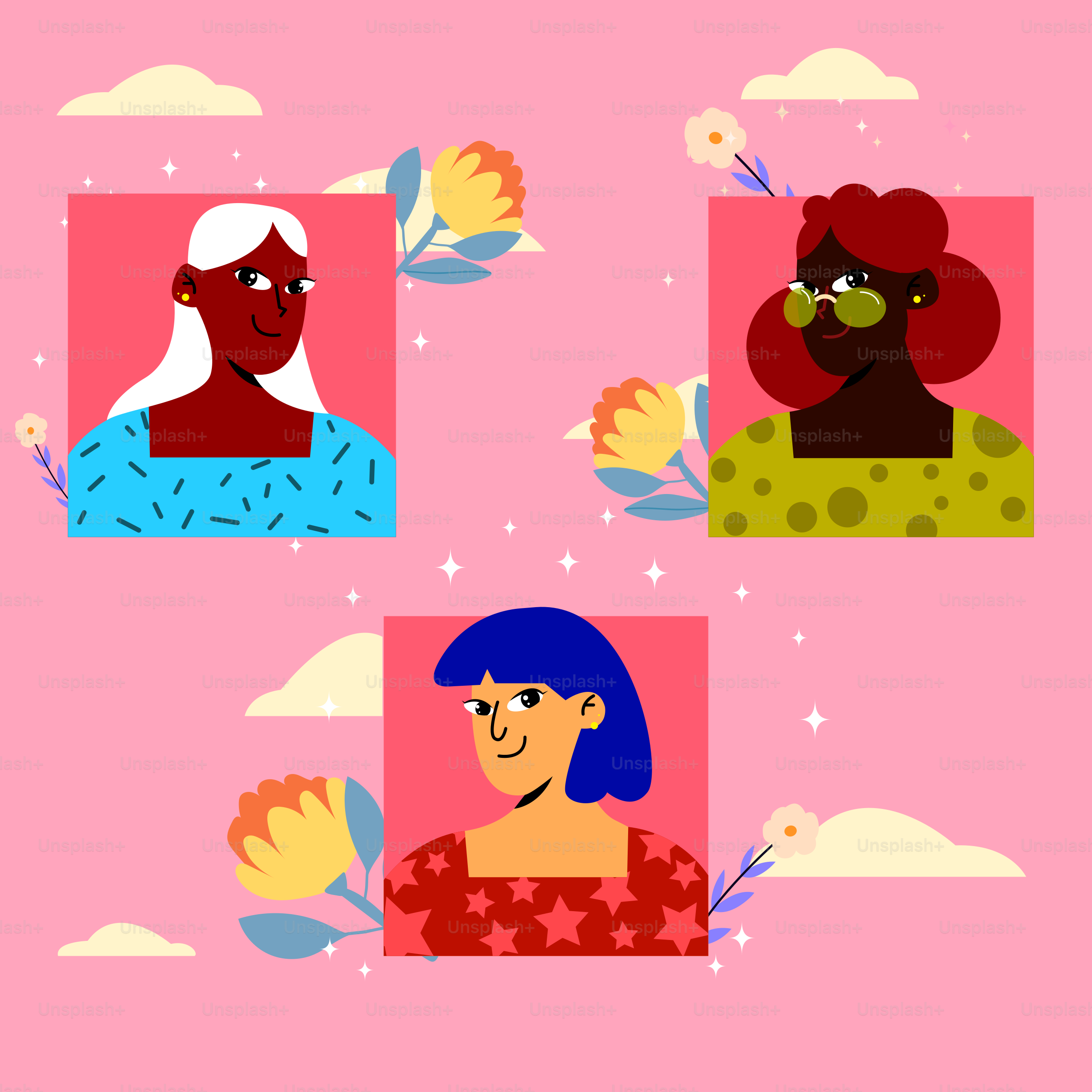 A pink background with four different faces of women vector ...