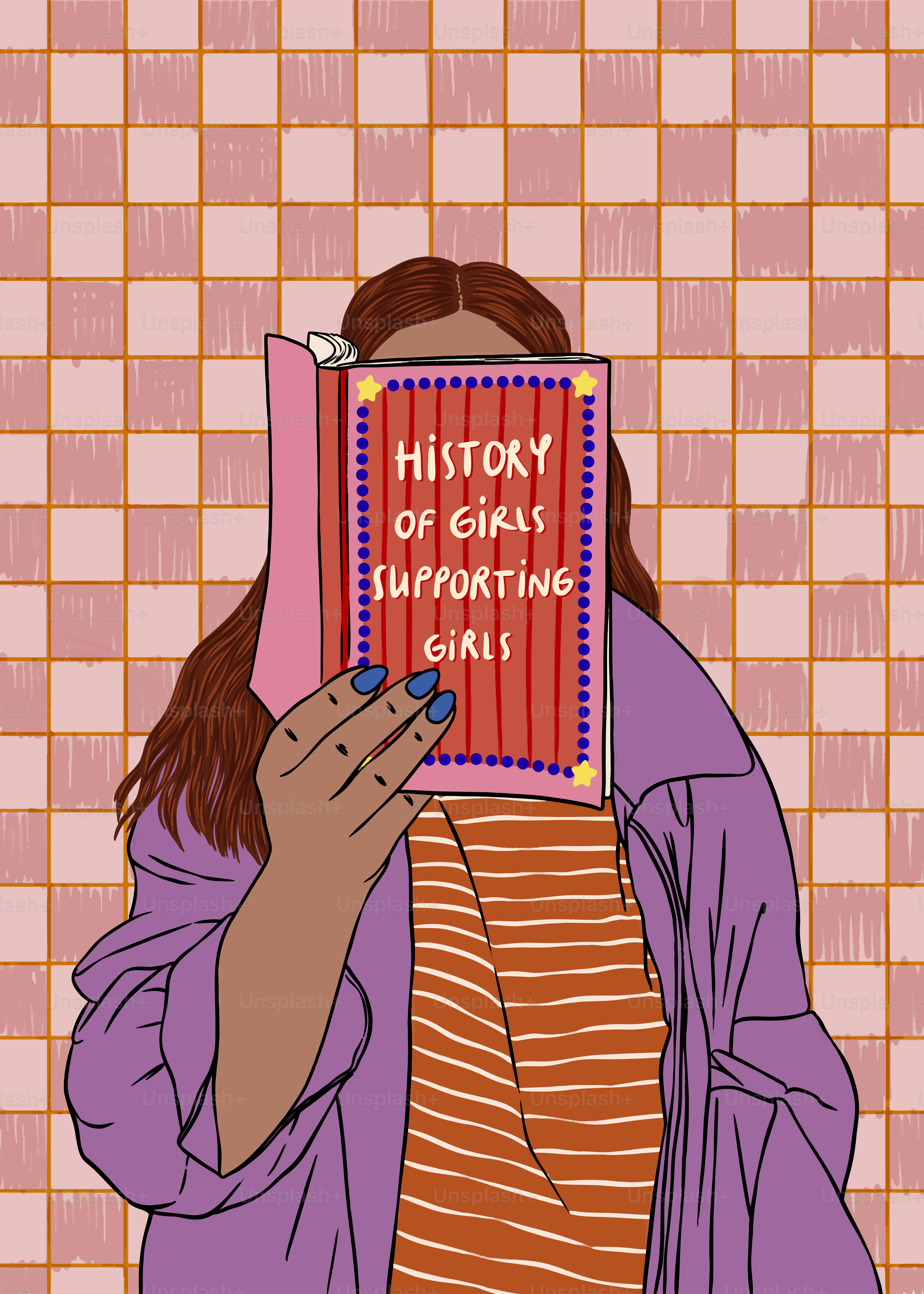 A woman holding a book with the words history of girls supporting girls ...