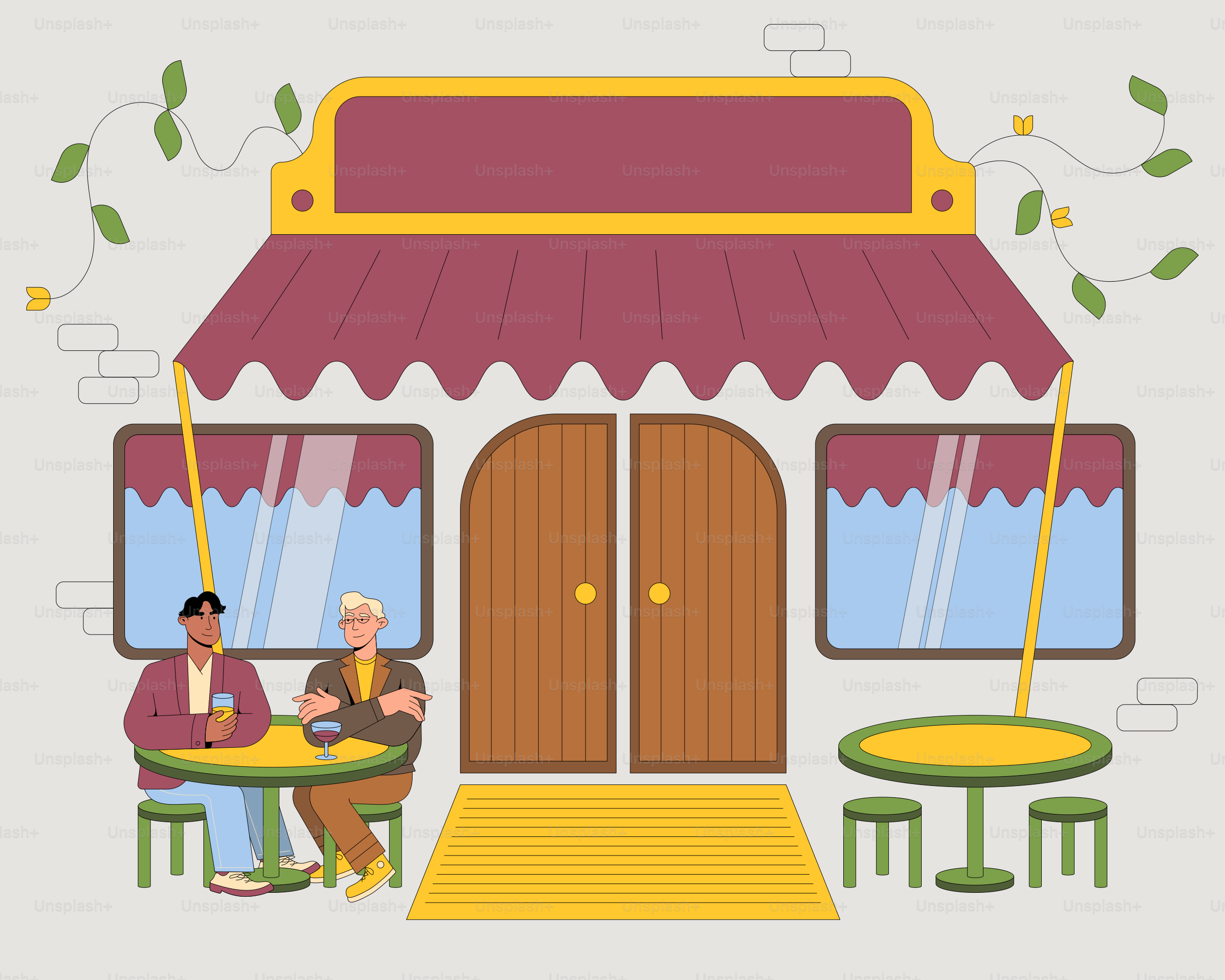 Vektor Dua orang duduk di meja di depan sebuah gedung – Gambar Meja di ...