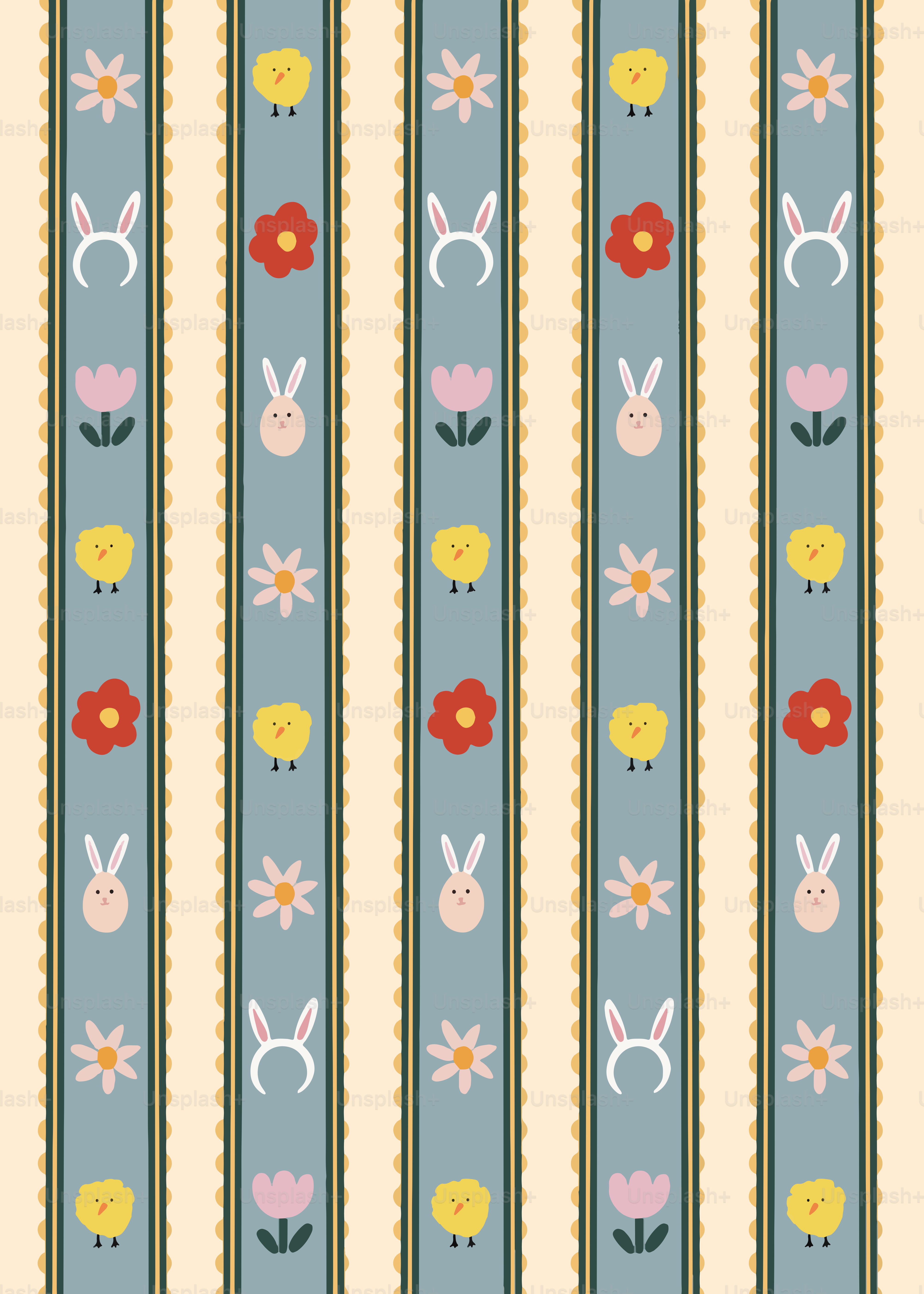 A blue and yellow striped wallpaper with rabbits and flowers vector ...