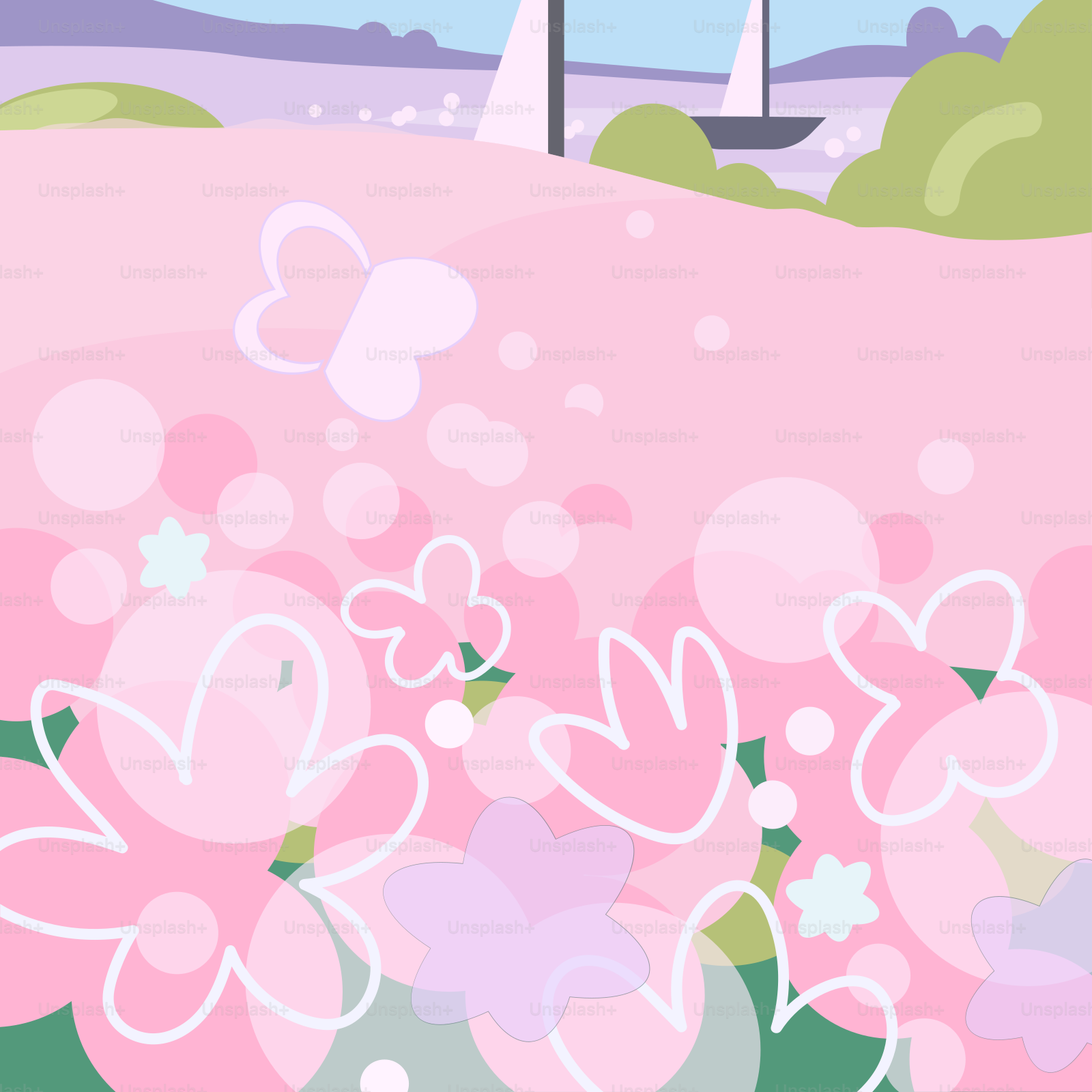 A pink flower field with a lighthouse in the background vector ...