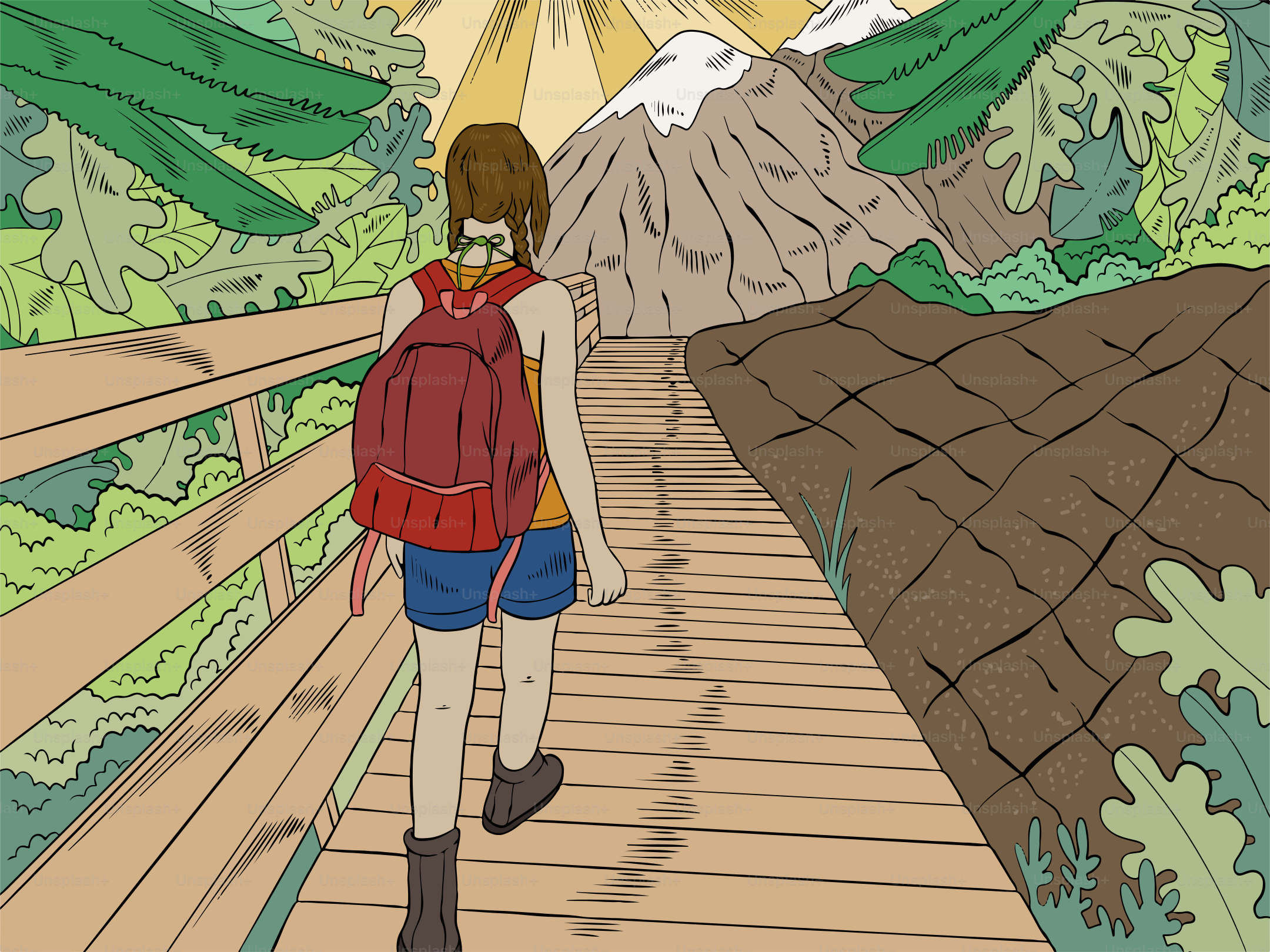 A drawing of a person walking across a bridge vector – Exploring nature ...