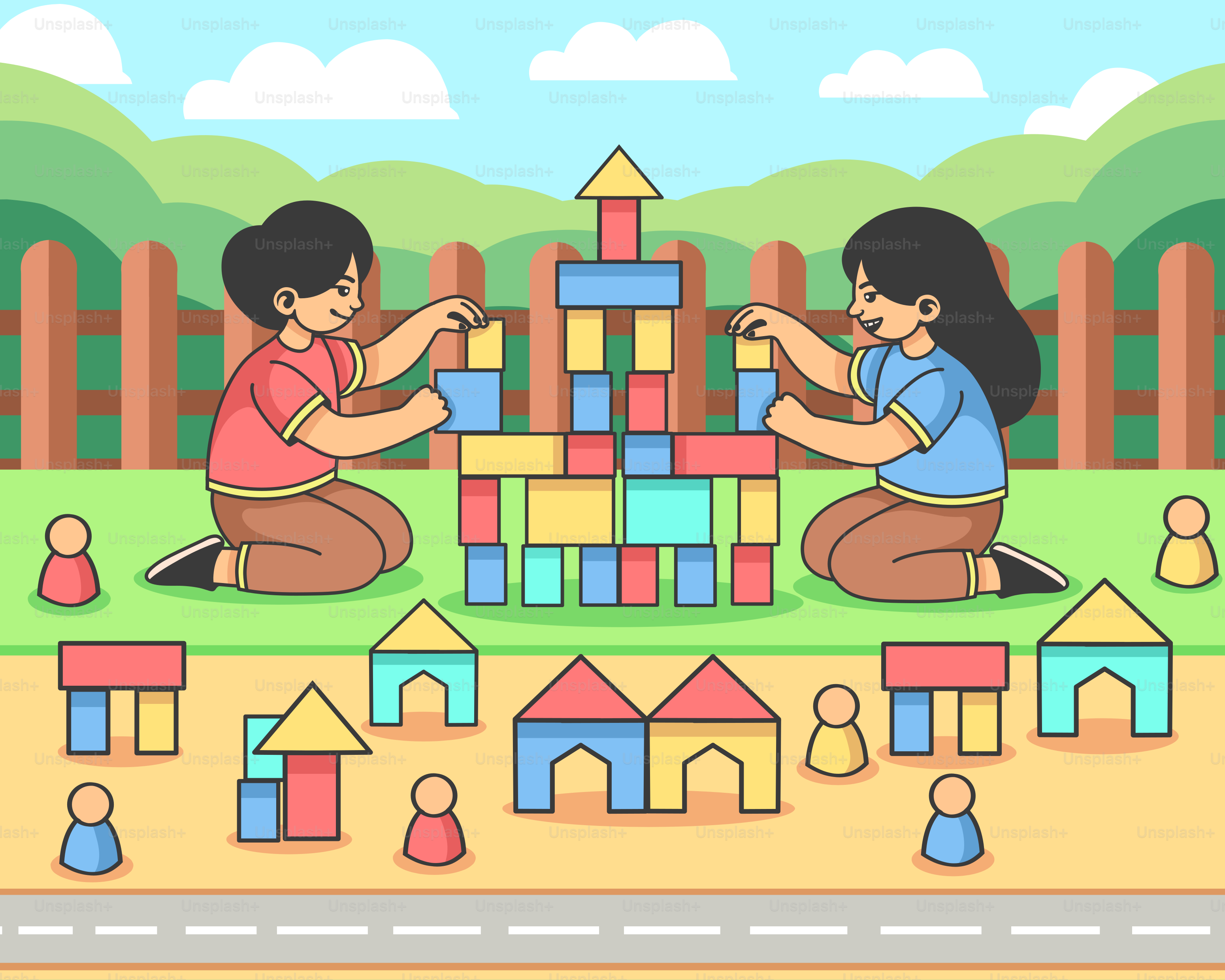 A couple of kids playing with blocks on the ground vector – Toys Image ...