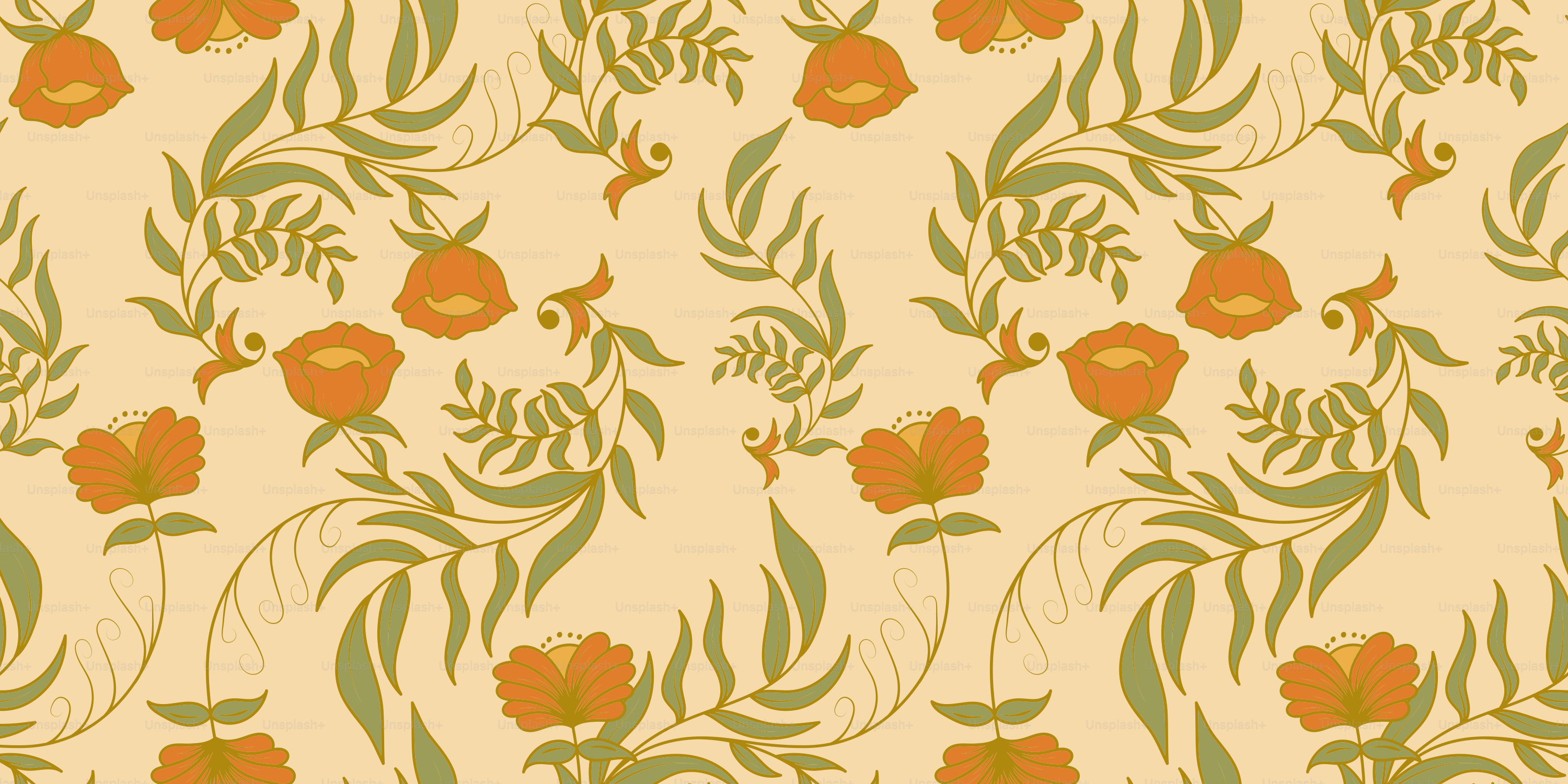 A pattern of orange and green flowers on a white background vector ...