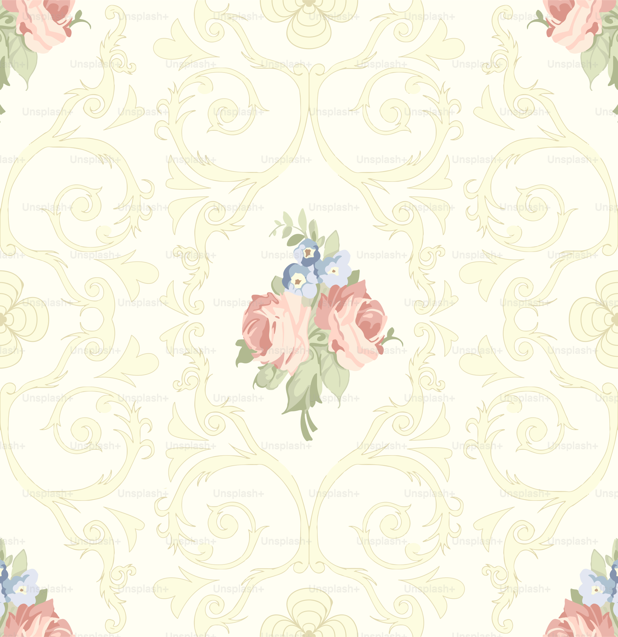 A white and pink wallpaper with roses on it vector – Rococo Image on ...