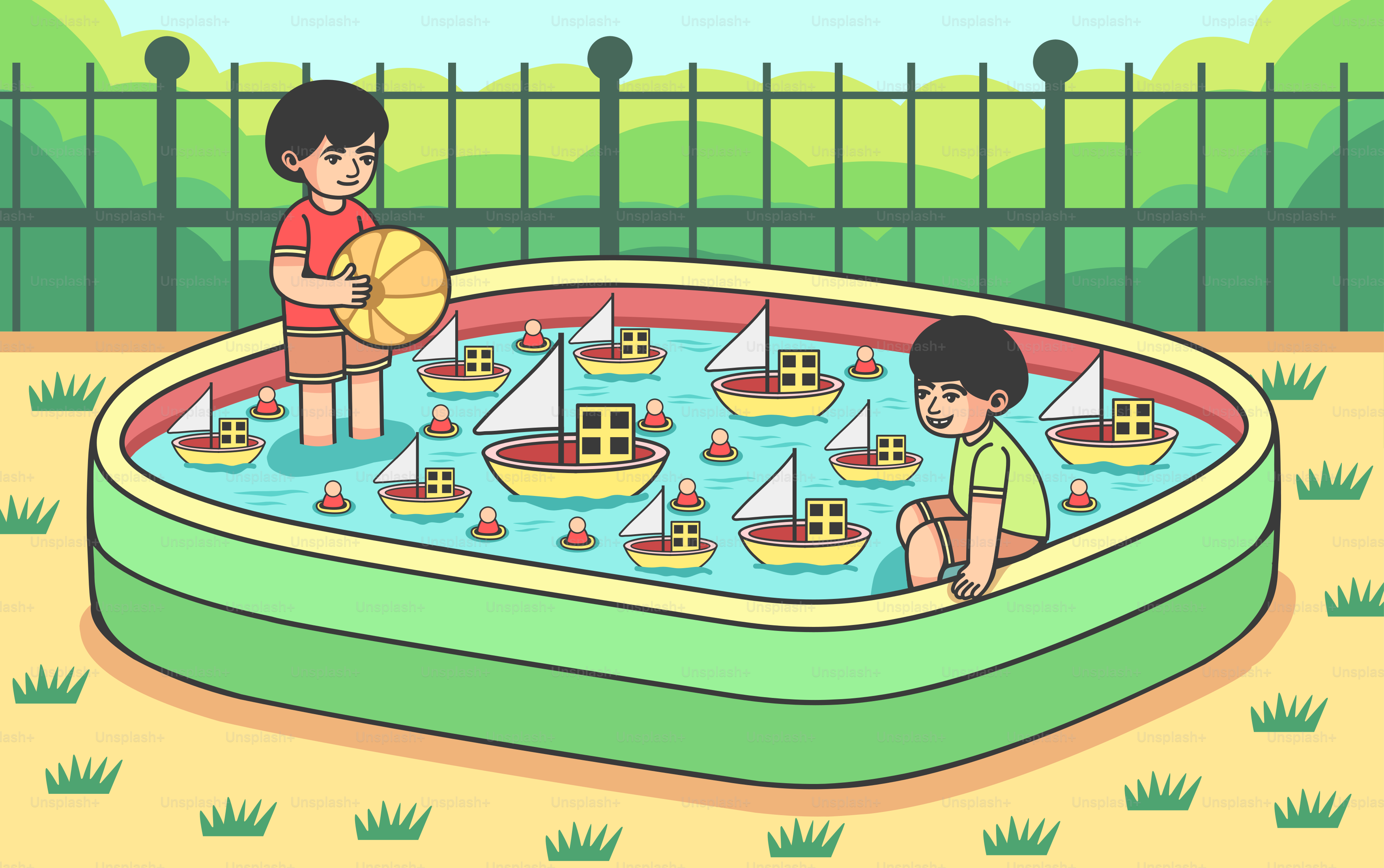 A boy and a girl playing in an inflatable pool vector – Vector Image on ...