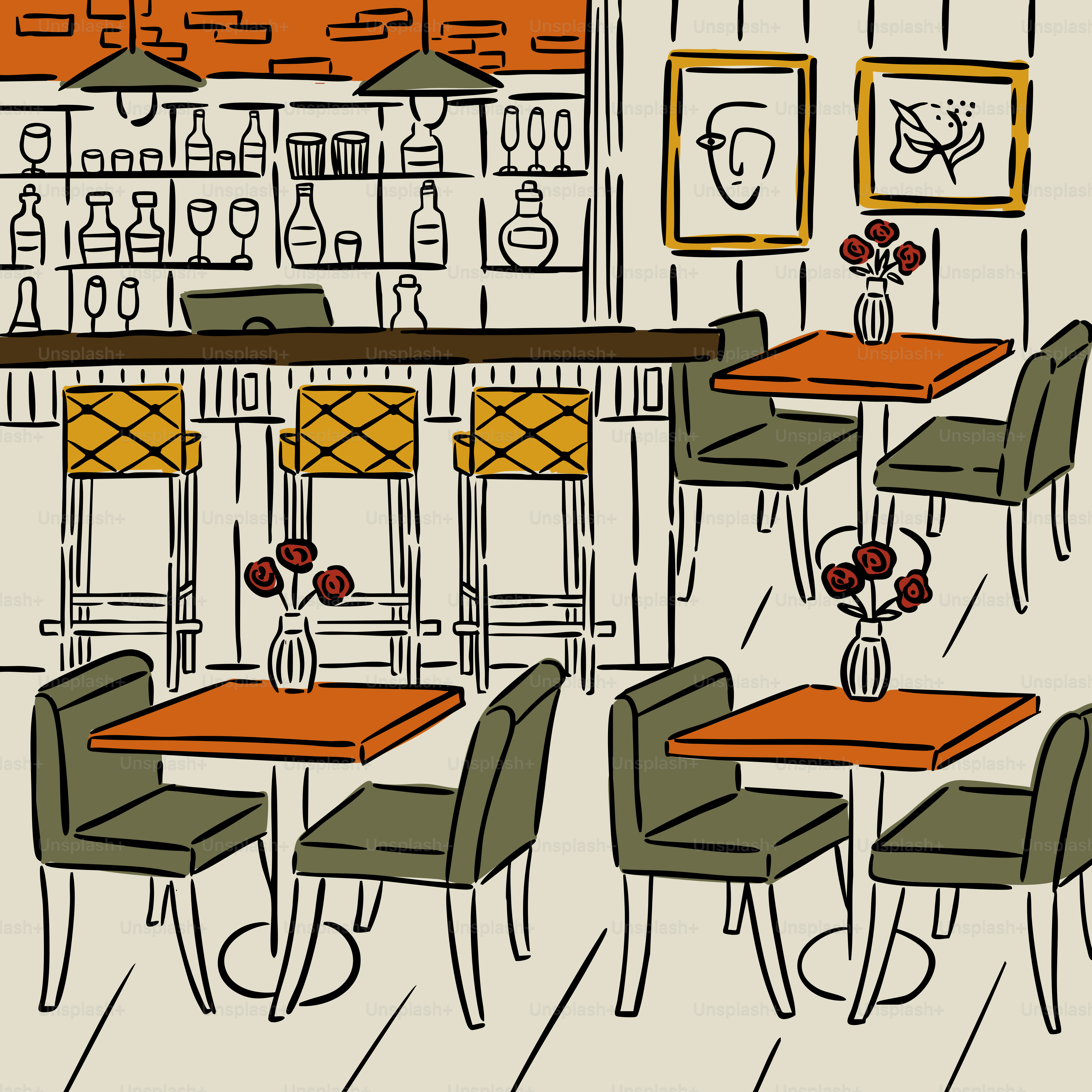 A drawing of a restaurant with tables and chairs vector – Food Image on ...