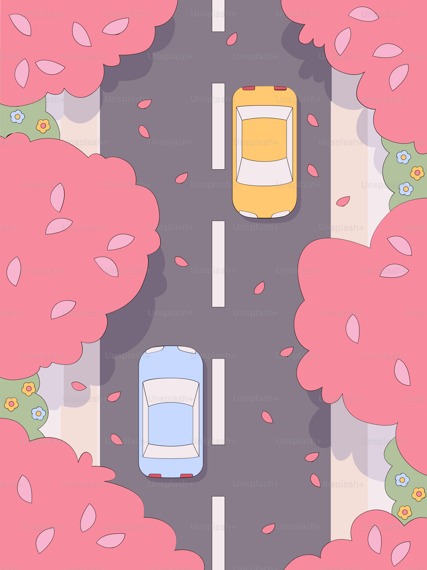 Vektor Dua mobil melaju di jalan di sebelah pepohonan – Gambar Bunga di ...