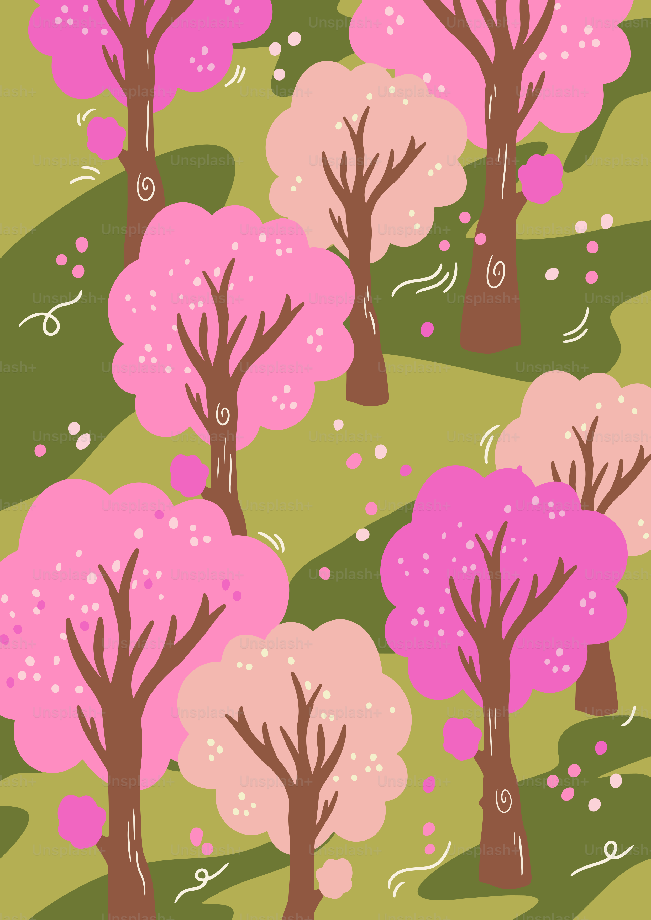 A pink and green tree pattern on a green background vector – Seasons ...