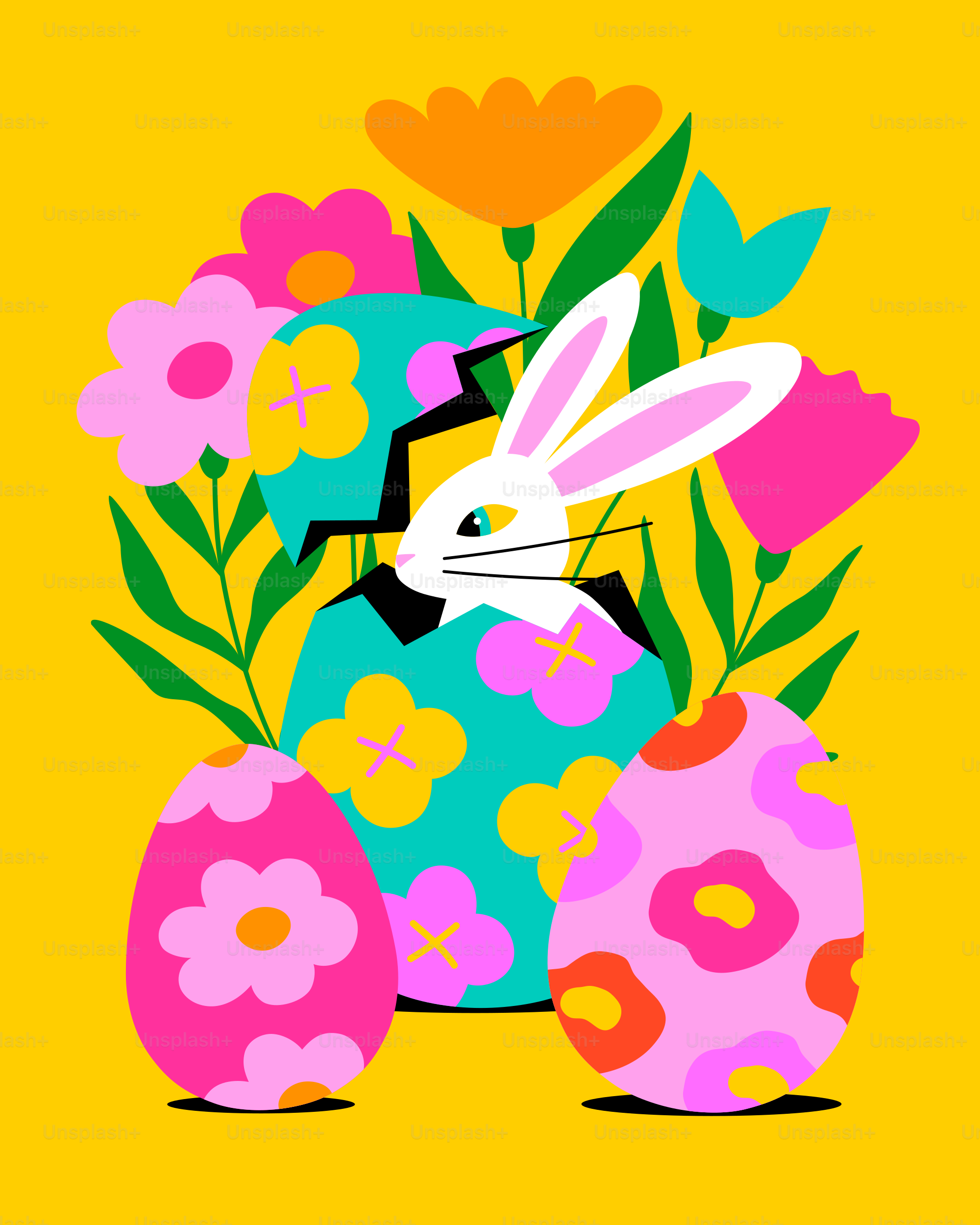 An easter bunny sitting in front of a bouquet of flowers vector ...