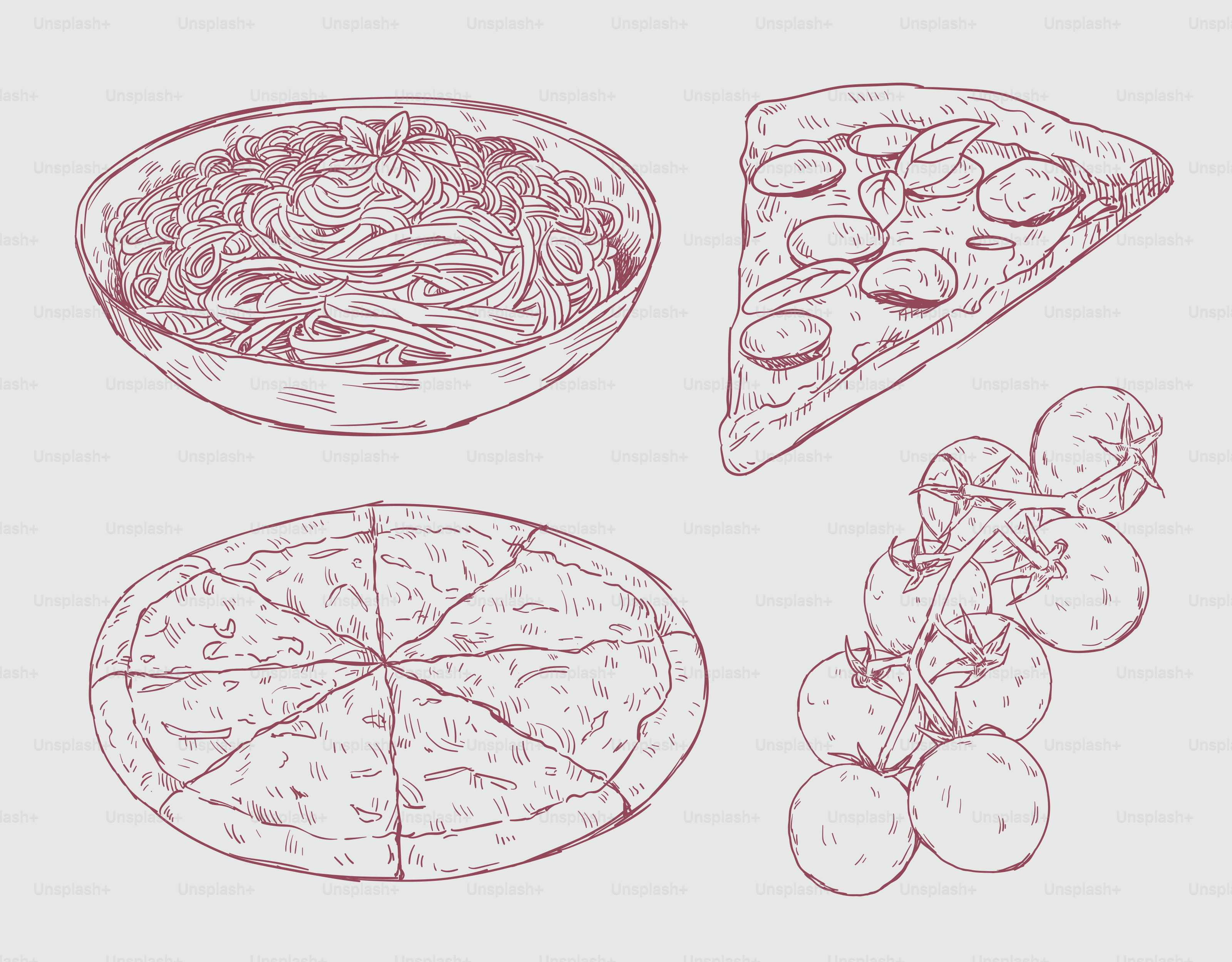 Ilustraciones de comida italiana, incluyendo pasta y pizza. vector ...