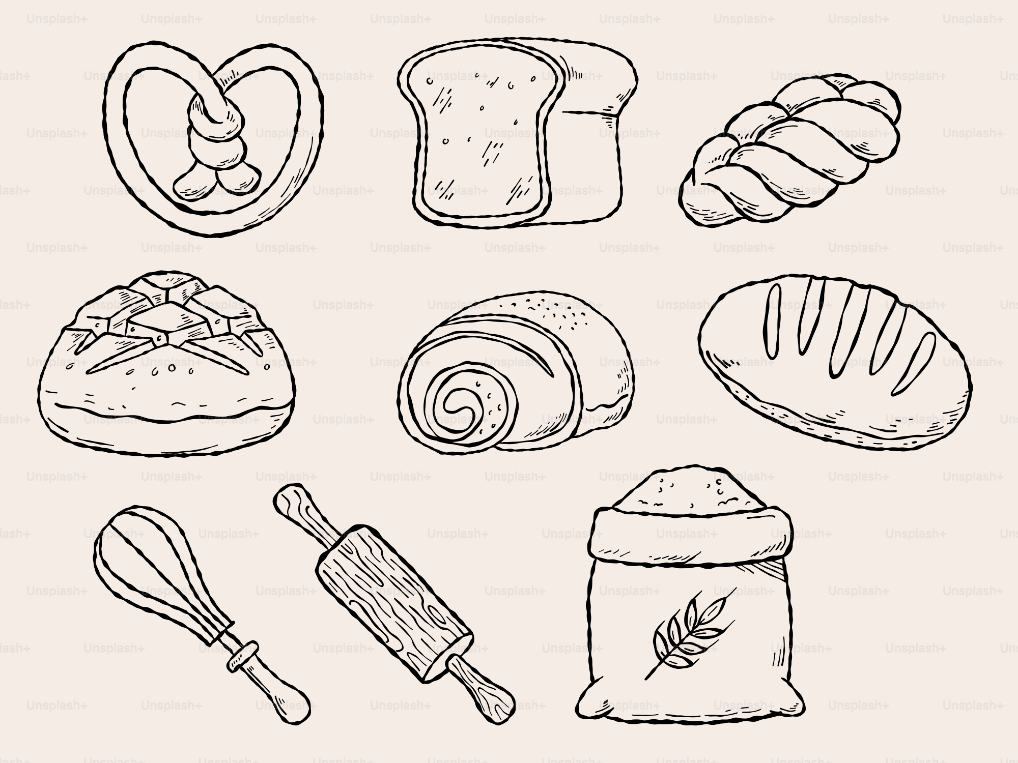 Various types of bread and bakery tools are shown. vector – Food Image ...
