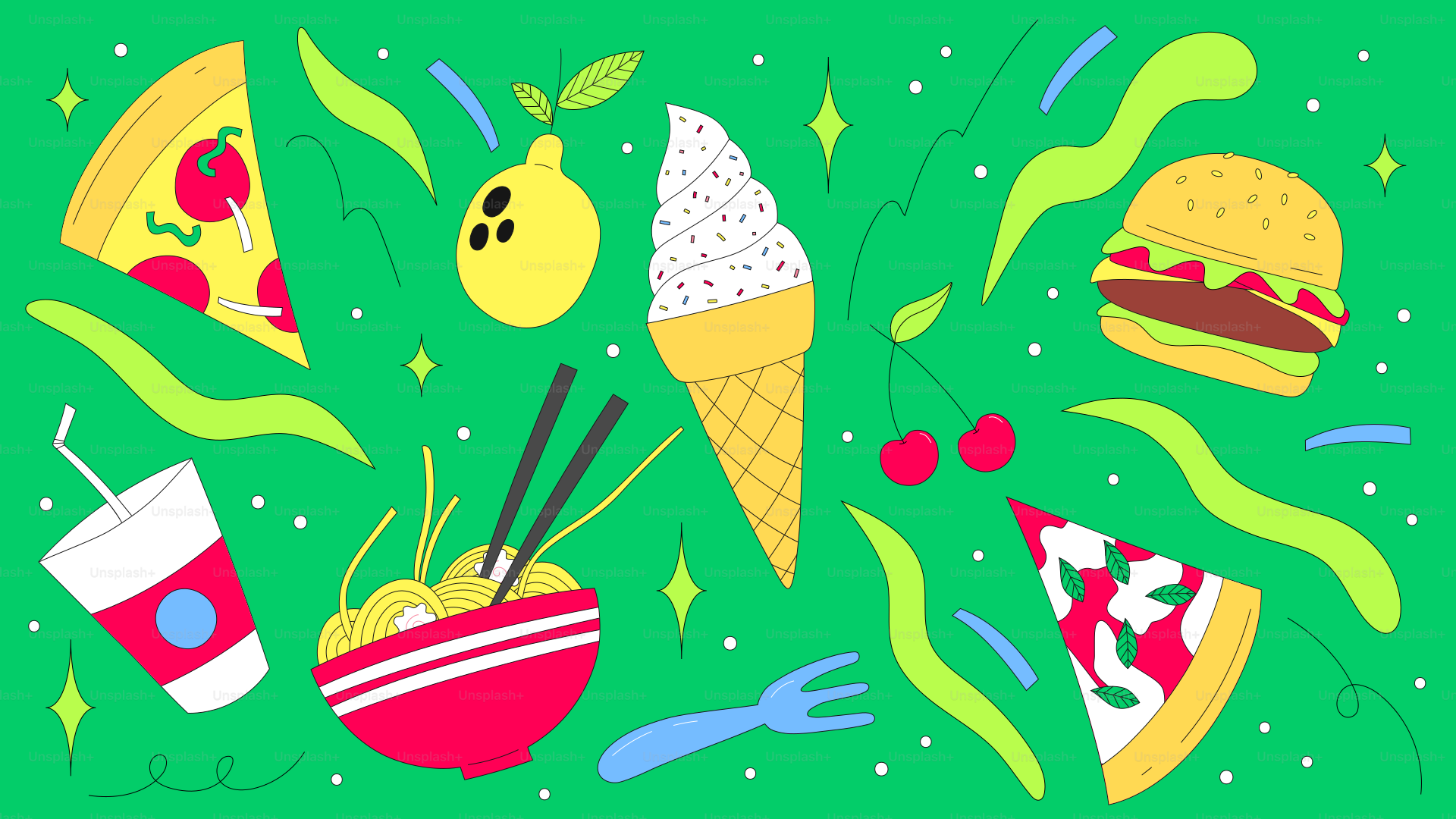 Un assortimento di cibi deliziosi, con uno sfondo verde. vettoriale ...