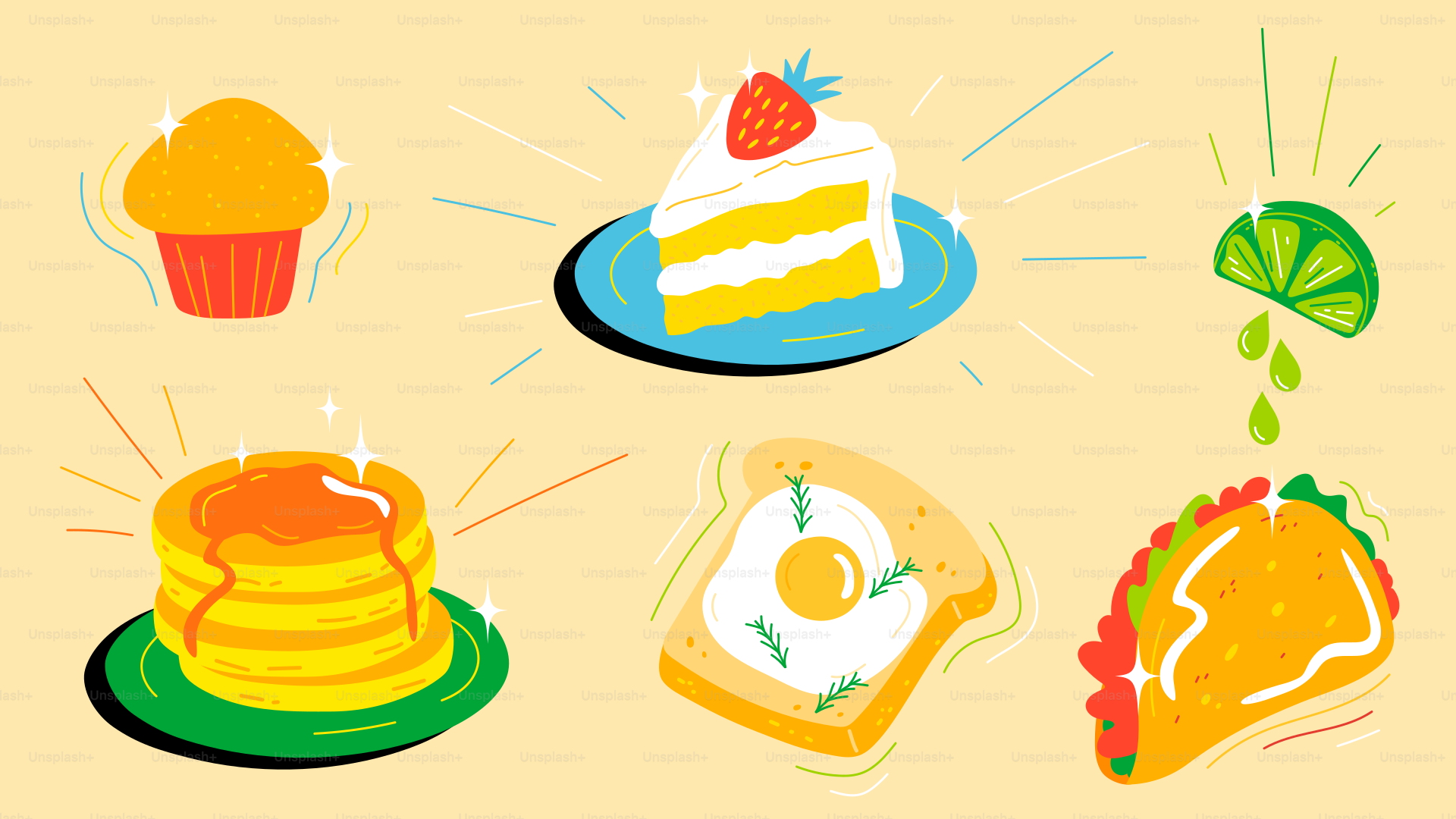 Delicious food icons featuring various tasty treats. vector ...
